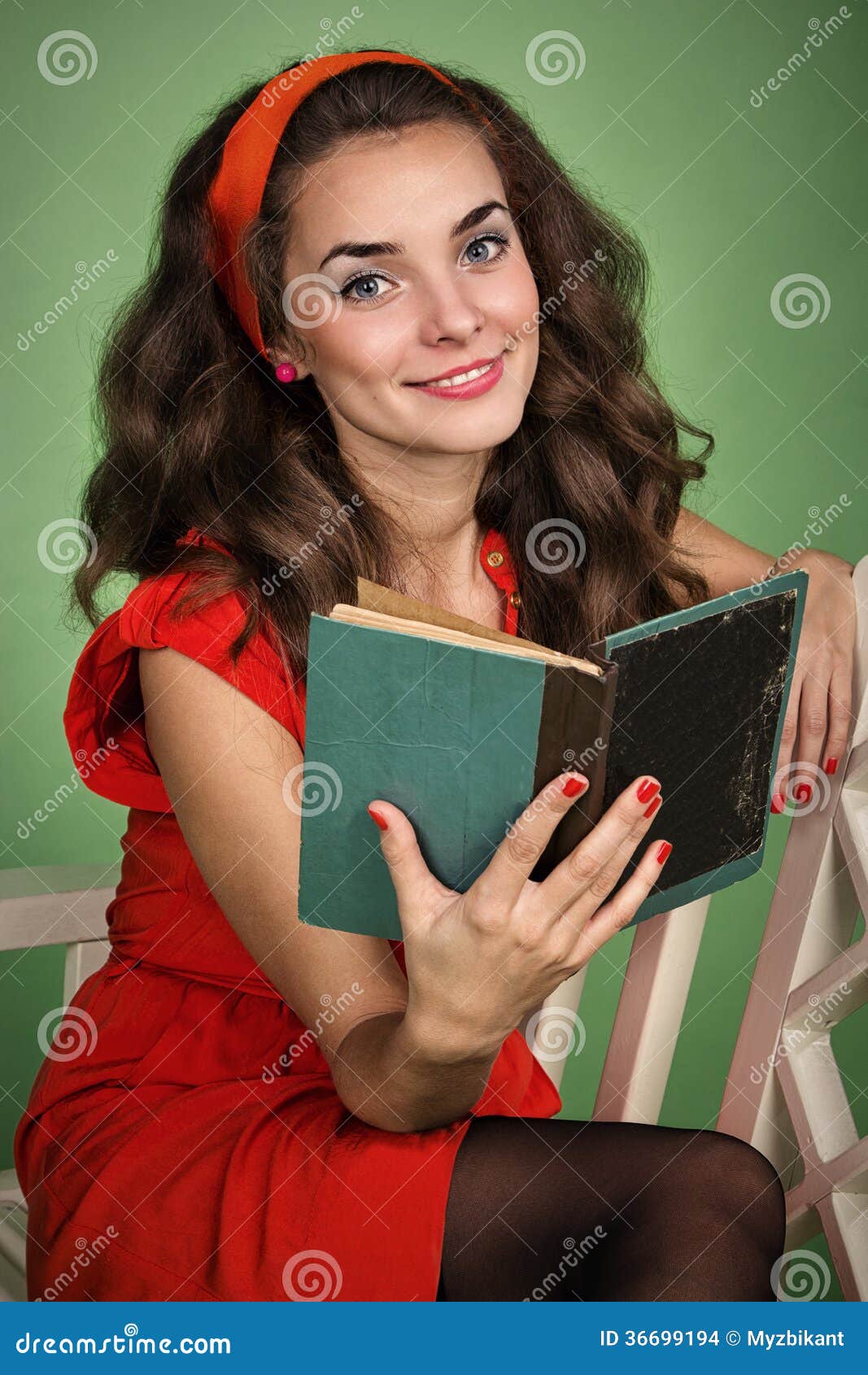 Girl in Retro Style with Emotions Reading a Book Stock Photo - Image of ...