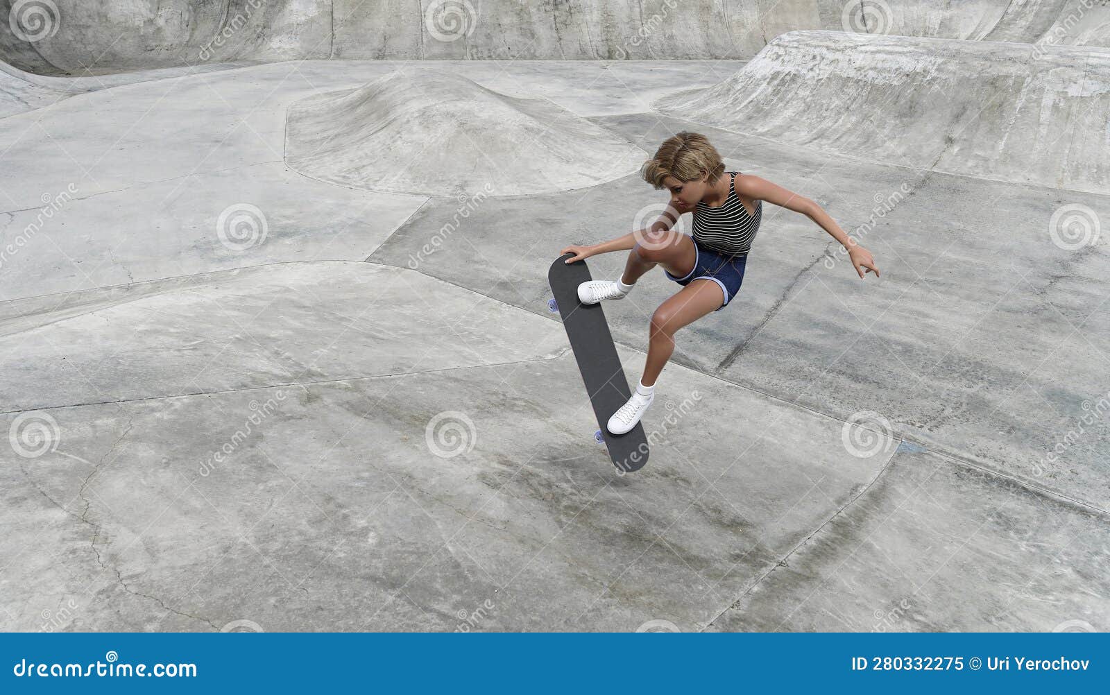 A Girl Rides and Does Tricks on a Skateboard on the Ramp of a Skate ...