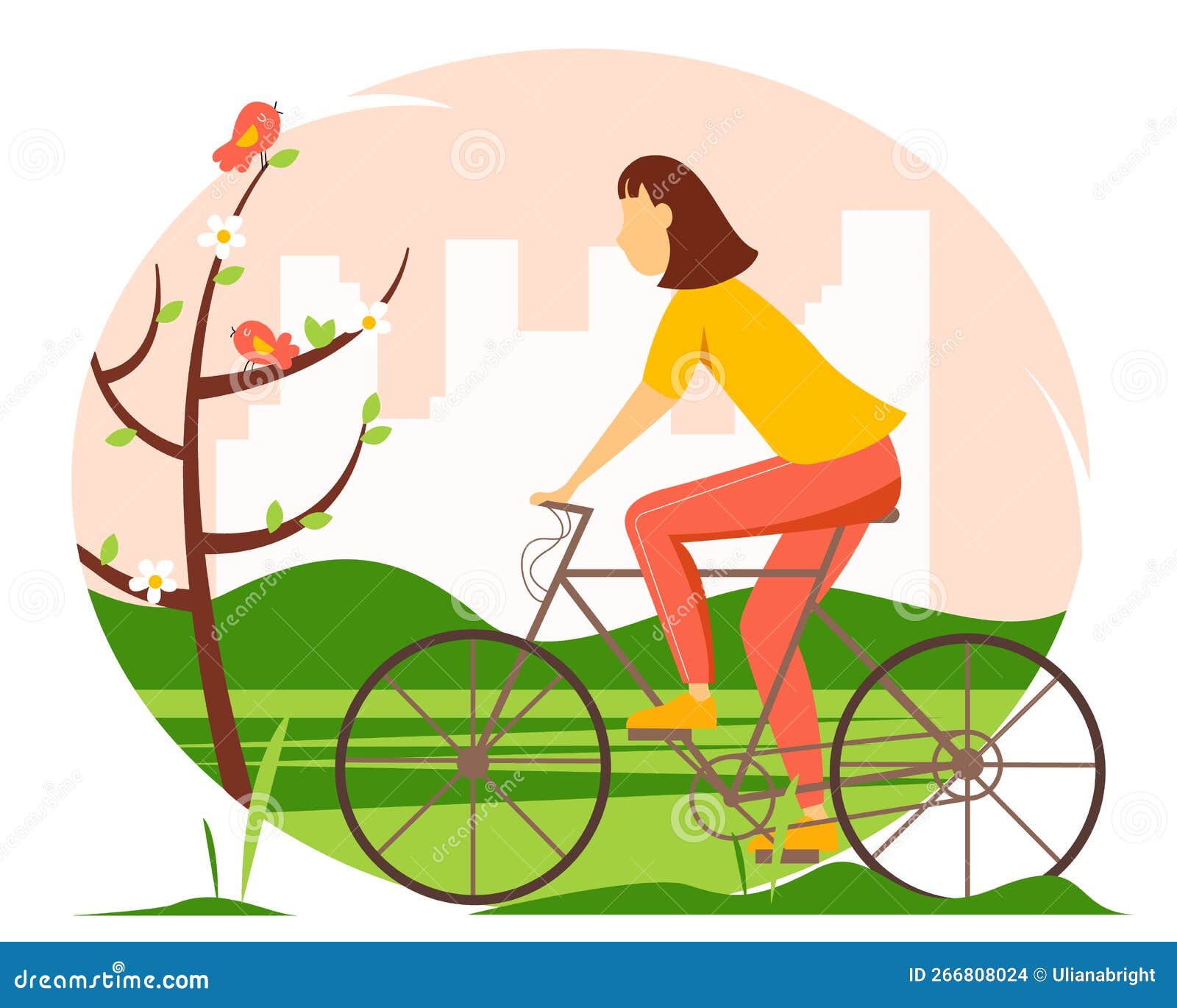 Girl Riding a Bicycle in the Park. Spring Vector Illustration in Flat ...