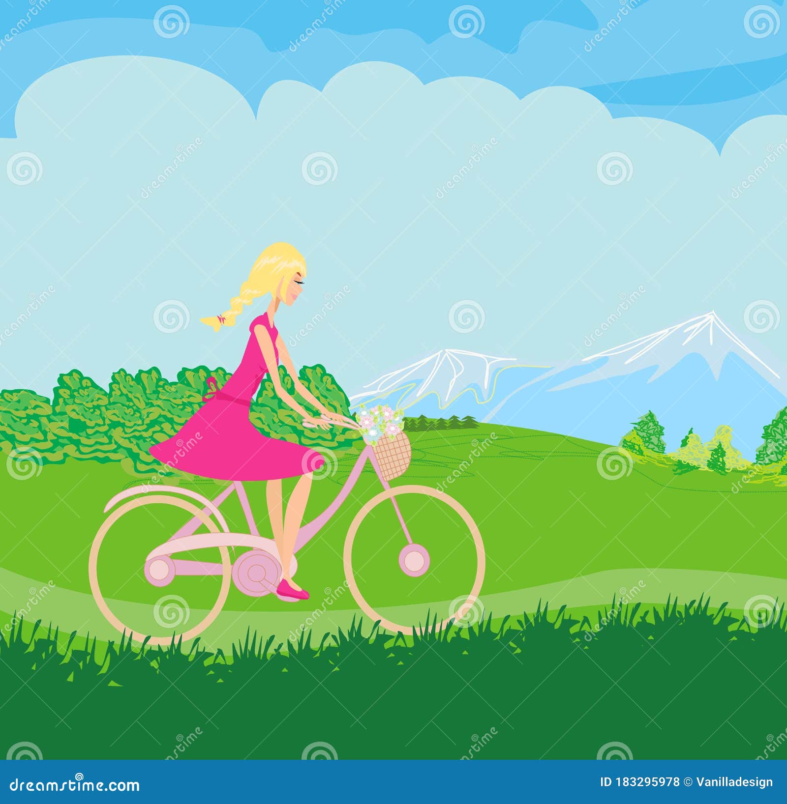 Girl is Riding Bike on Spring Field Stock Vector - Illustration of ...