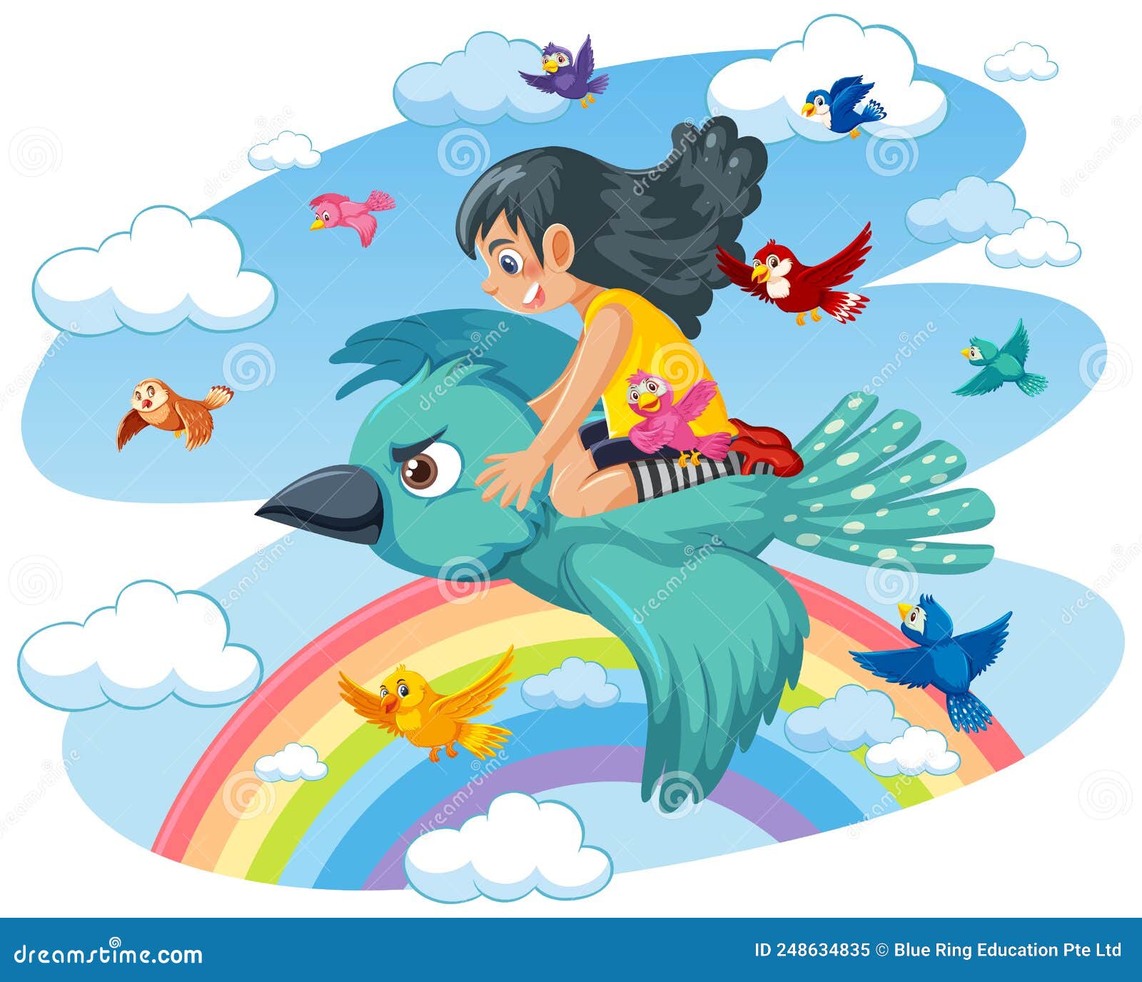 Girl Riding a Bird on the Sky Stock Vector - Illustration of animal ...