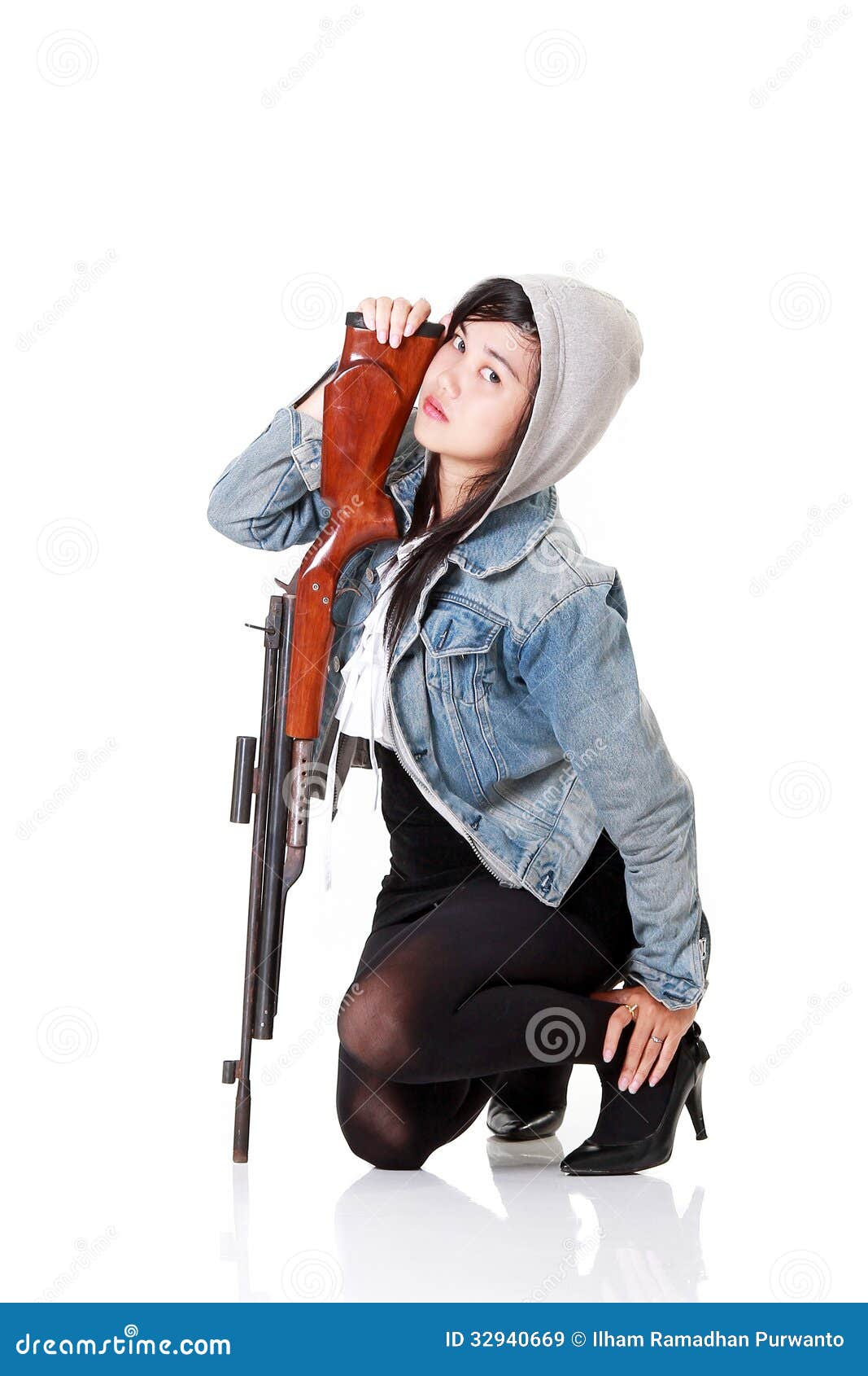 Girl and rifle stock image. Image of backdrop, long, miniskirt - 32940669