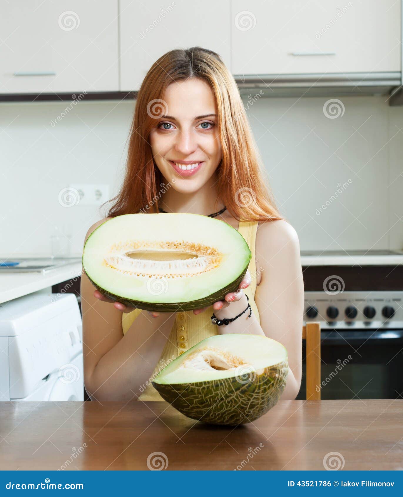 Girl with Ripe Melon at Kitchen Stock Photo - Image of freshness ...