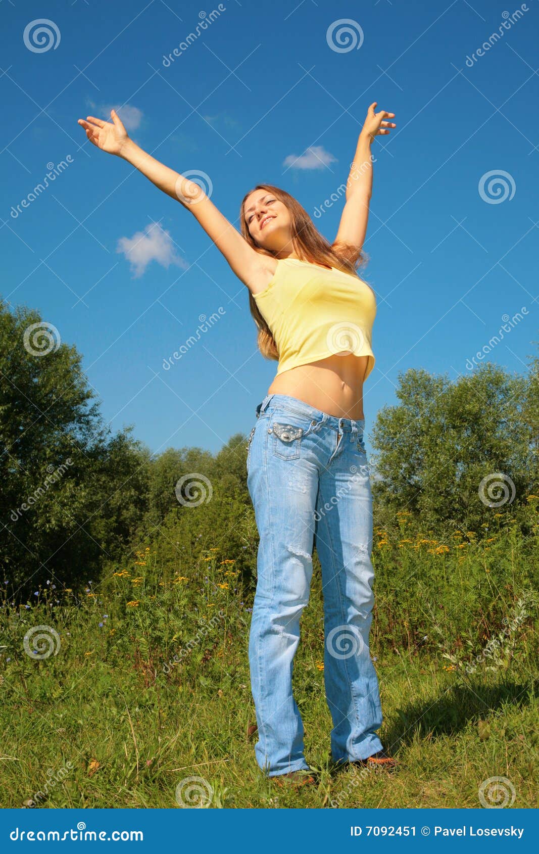 Girl with Rises Hands in Park, Full Body Stock Image - Image of ...