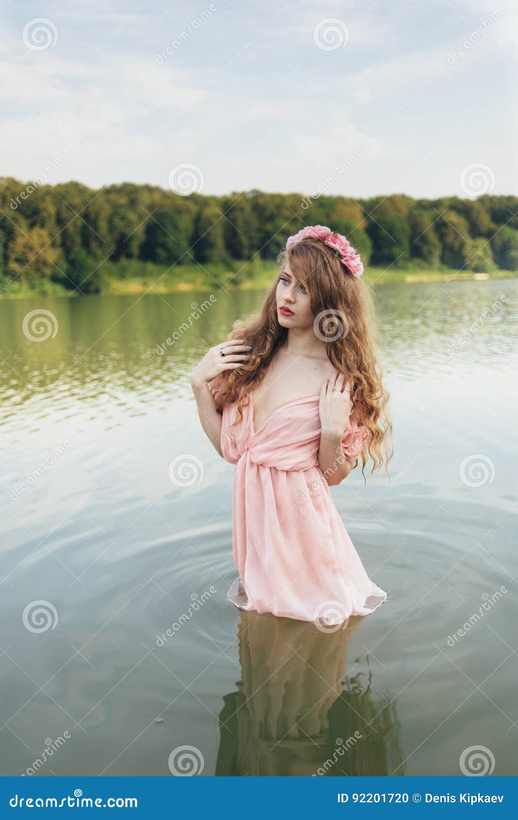 Girl in river stock photo. Image of pond, flowers, dress - 92201720