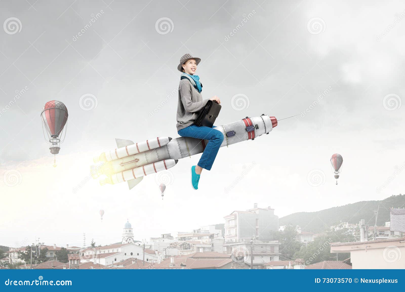 Girl on rocket stock photo. Image of rocket, plan, luck - 73073570