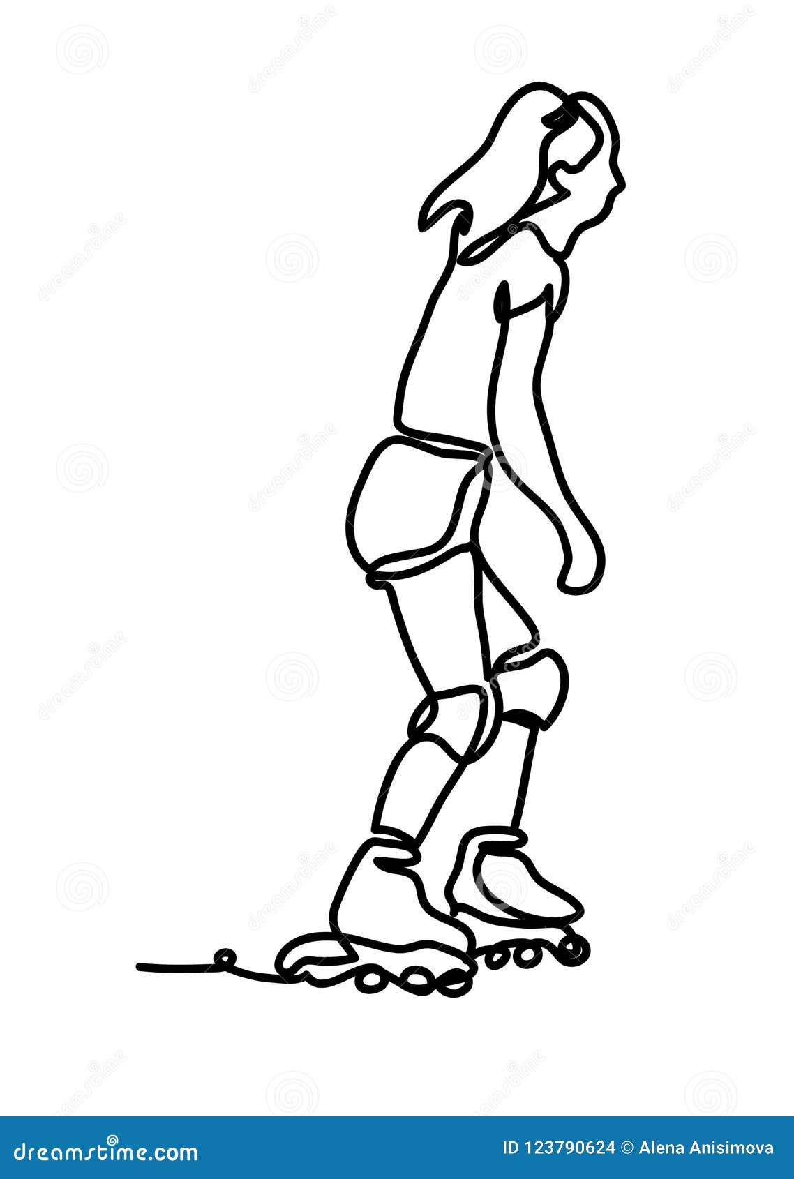 Girl on Rollers. Continuous Line Drawing. Isolated on the White ...