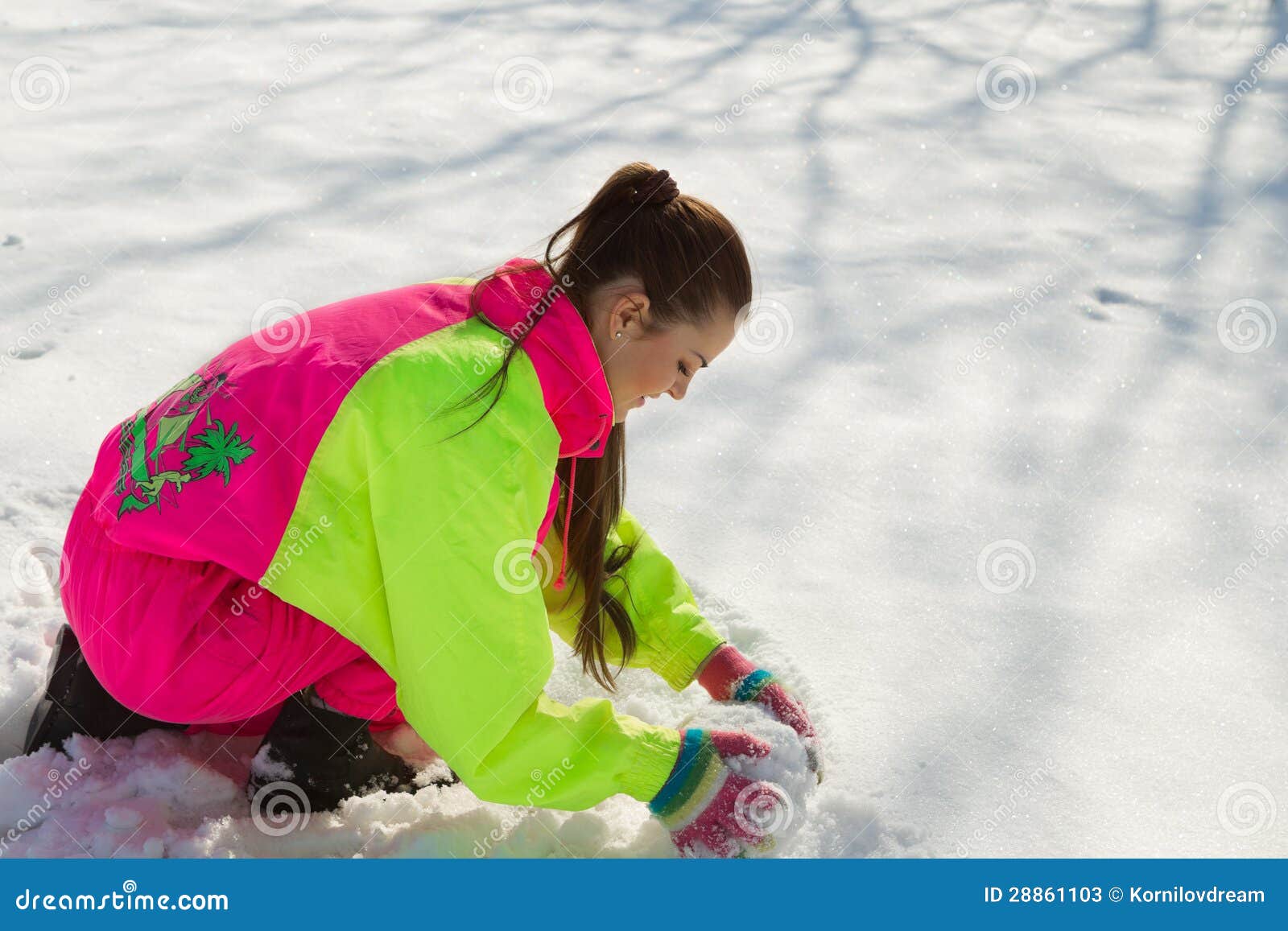 Girl Rolling a Huge Snowbal Stock Image - Image of cosy, activity: 28861103