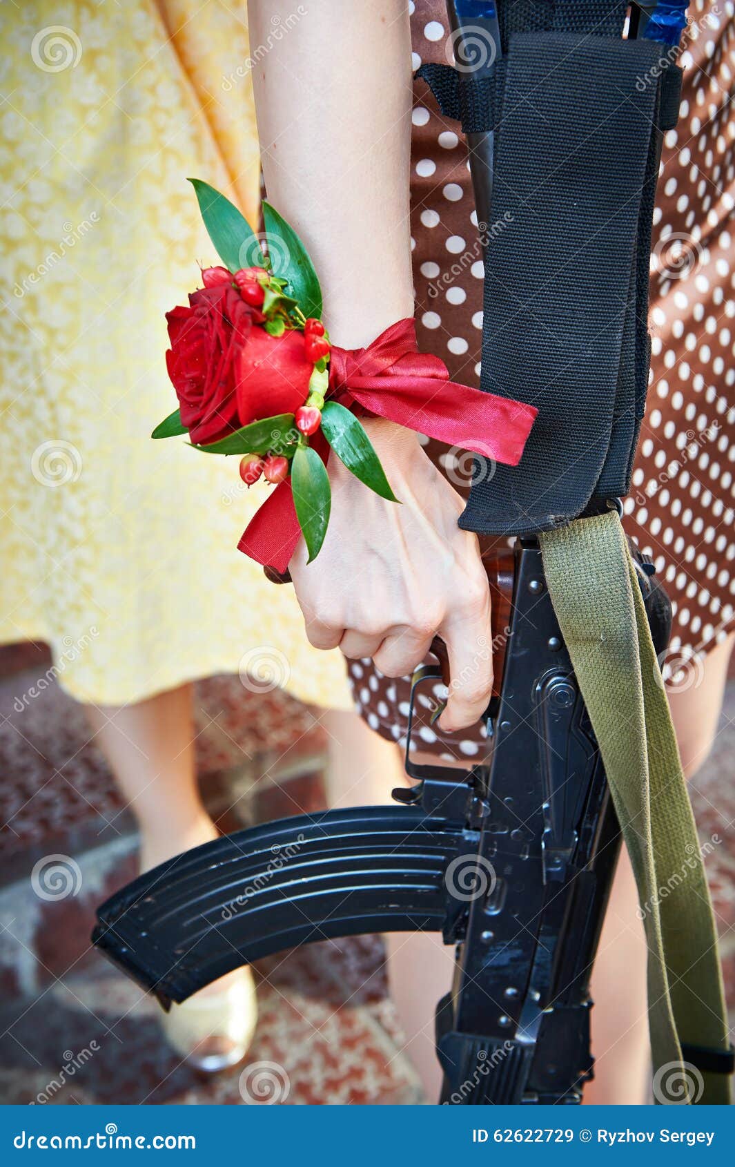 Girl with Rose on Her Hand Holding Machine Gun Stock Image - Image of ...