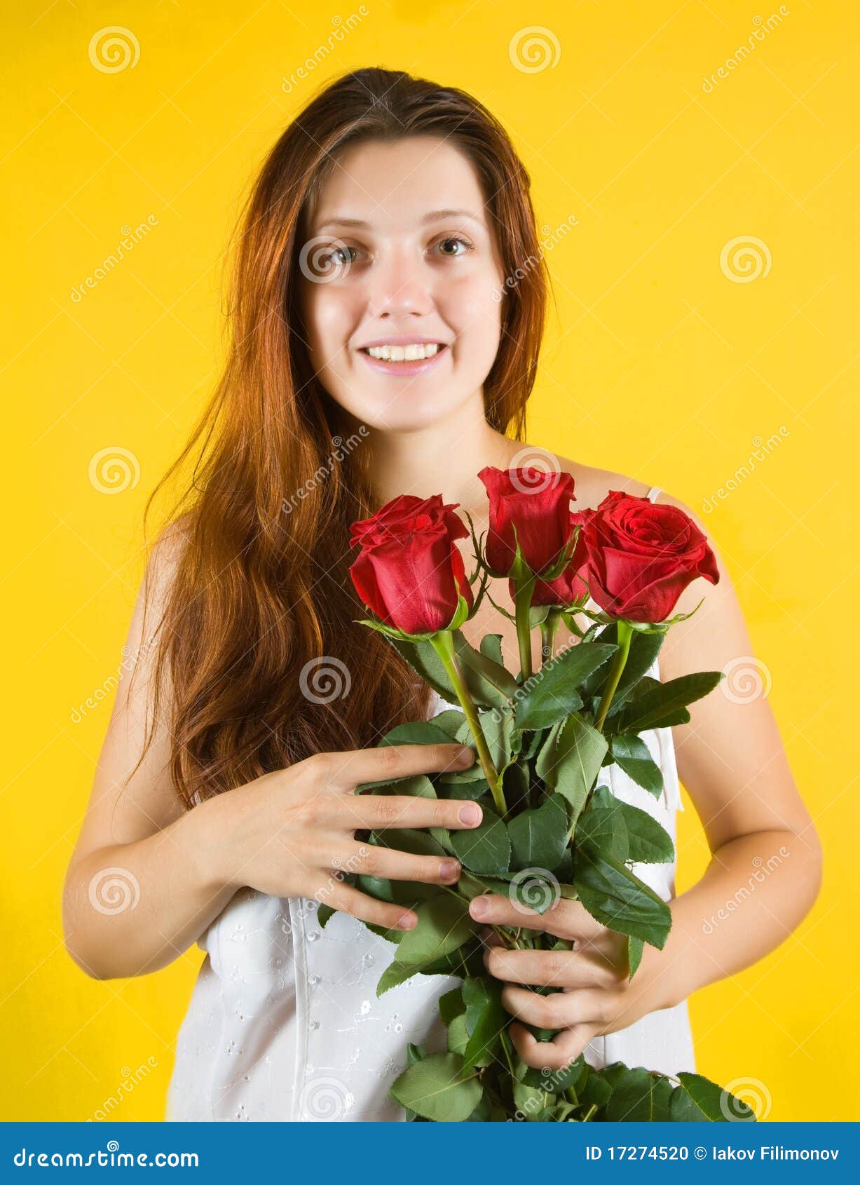 Girl with Roses Over Yellow Stock Photo - Image of flowers, face: 17274520