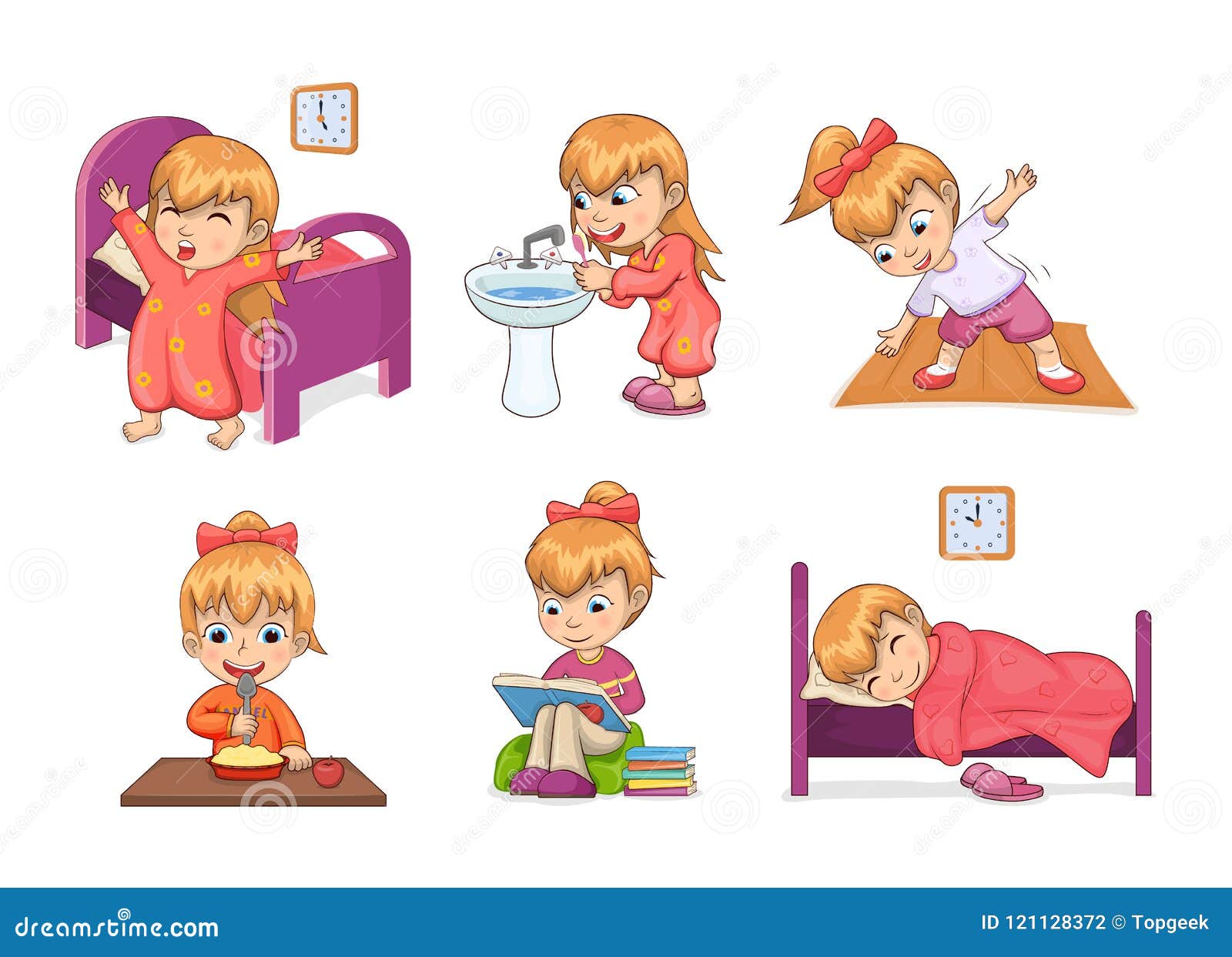 Girl Daily Routine Collection Vector Illustration Stock Vector
