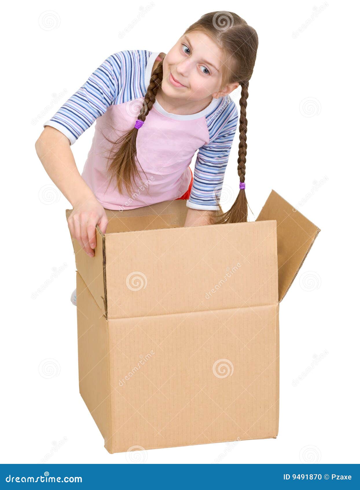 Girl Rummages in a Cardboard Box Stock Photo - Image of smiling ...