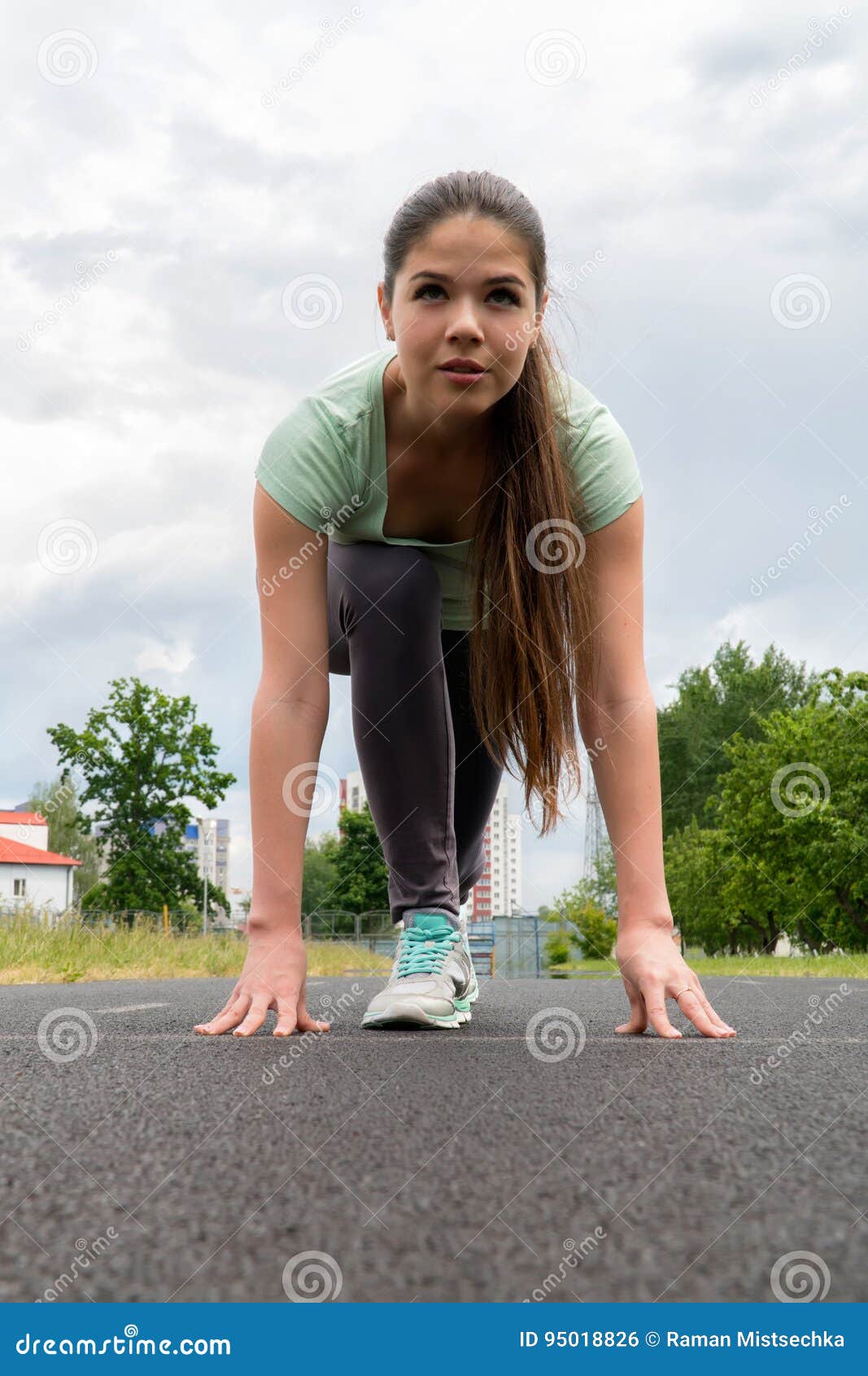 The Girl is Running Around the Stadium. Training Outdoors Stock Photo ...