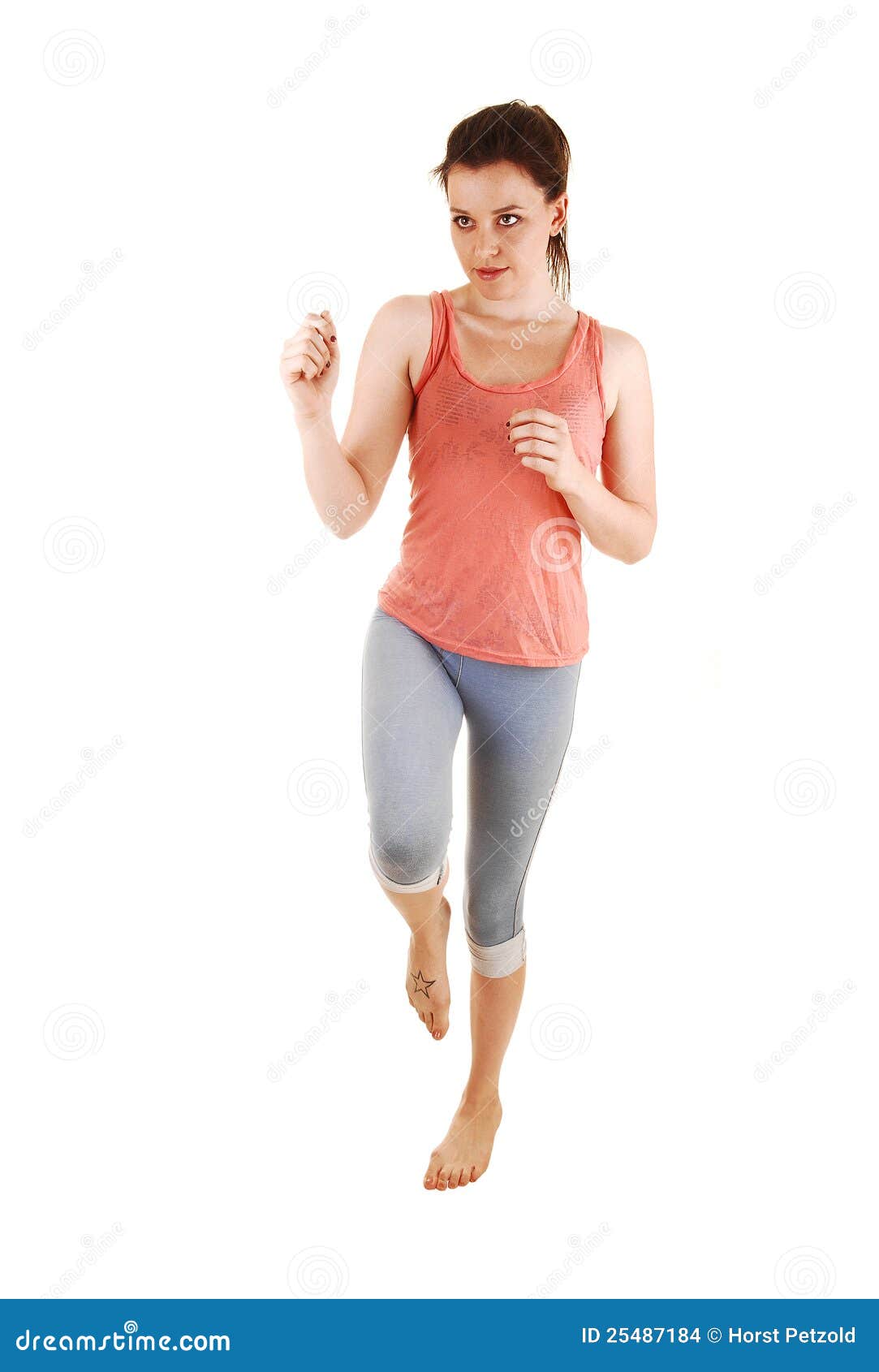 Girl running barefoot. stock photo. Image of brunette - 25487184