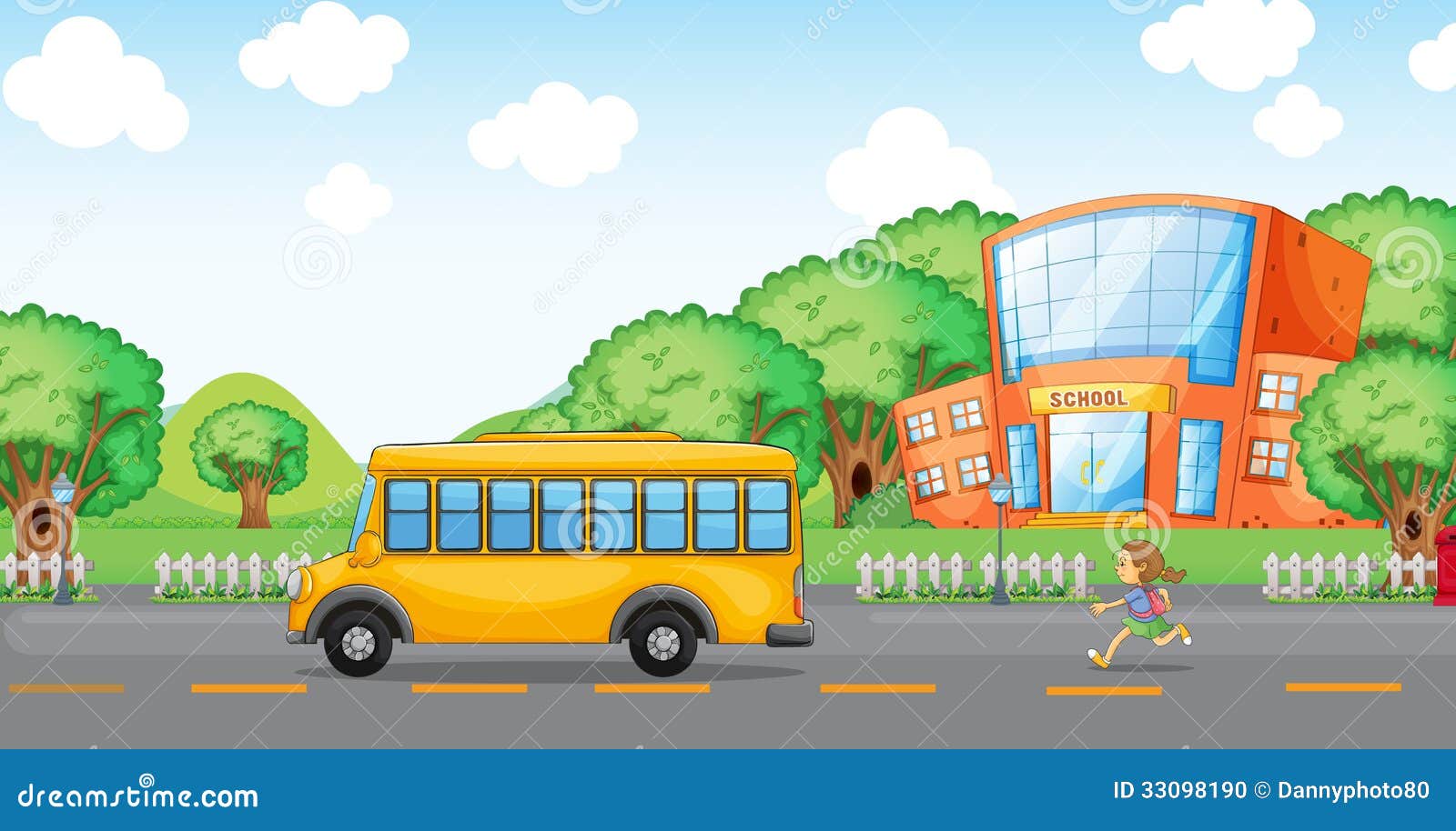 Girl Running Behind School Bus Stock Vector - Illustration of plants ...