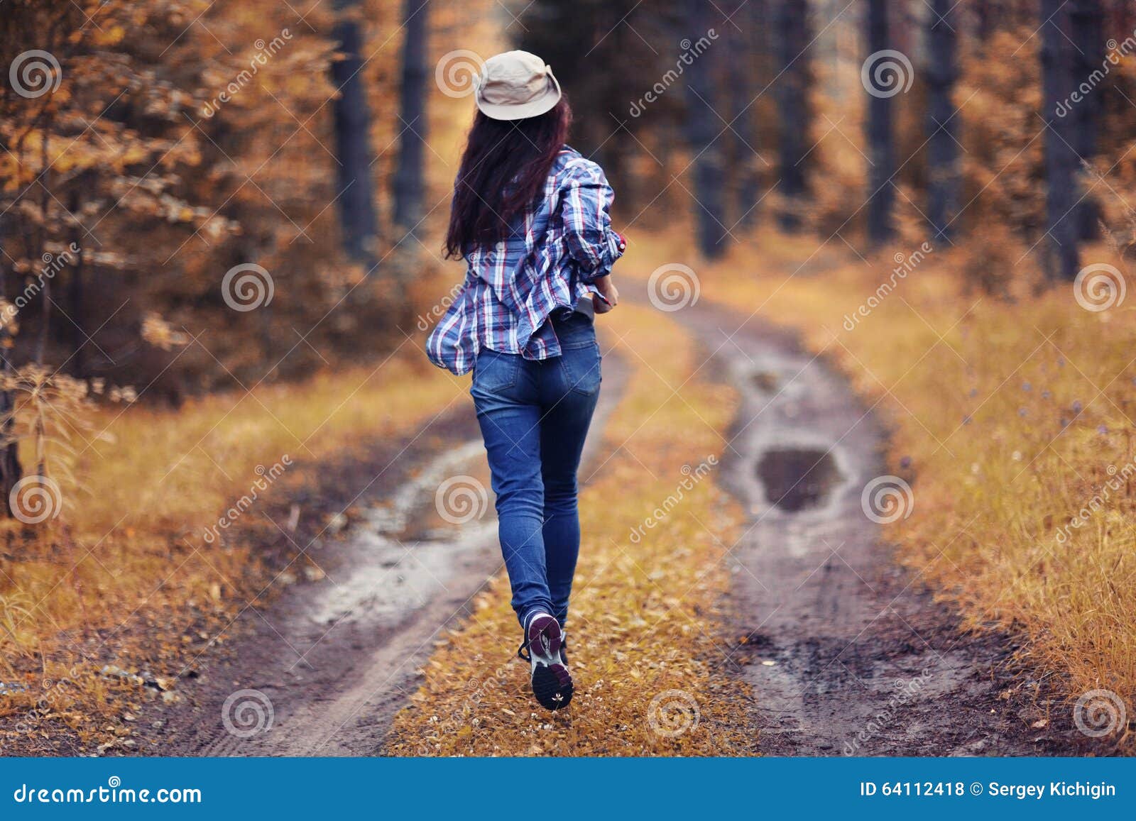 Girl running in forest stock photo. Image of fitness - 64112418
