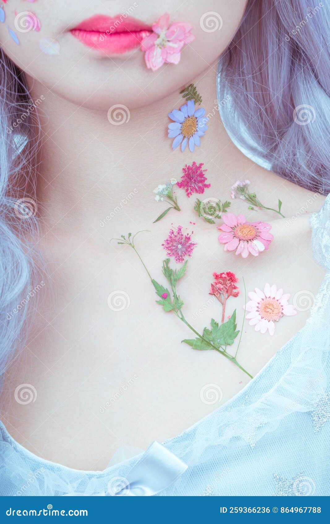 A girl`s neck with flowers stock photo. Image of protection - 259366236