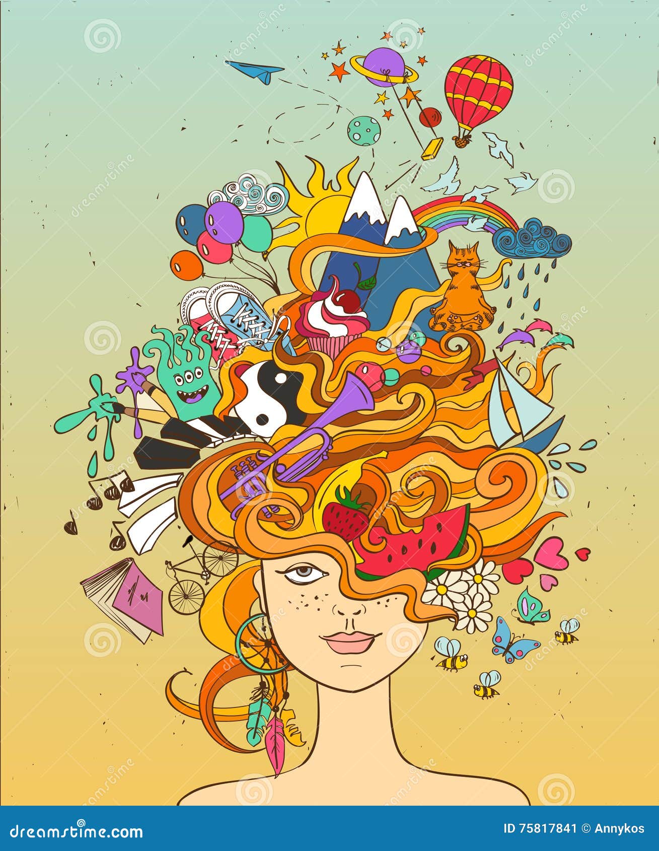 Girl S Portrait With Crazy Hair Lifestyle Concept Stock Vector Illustration Of Dream Freak