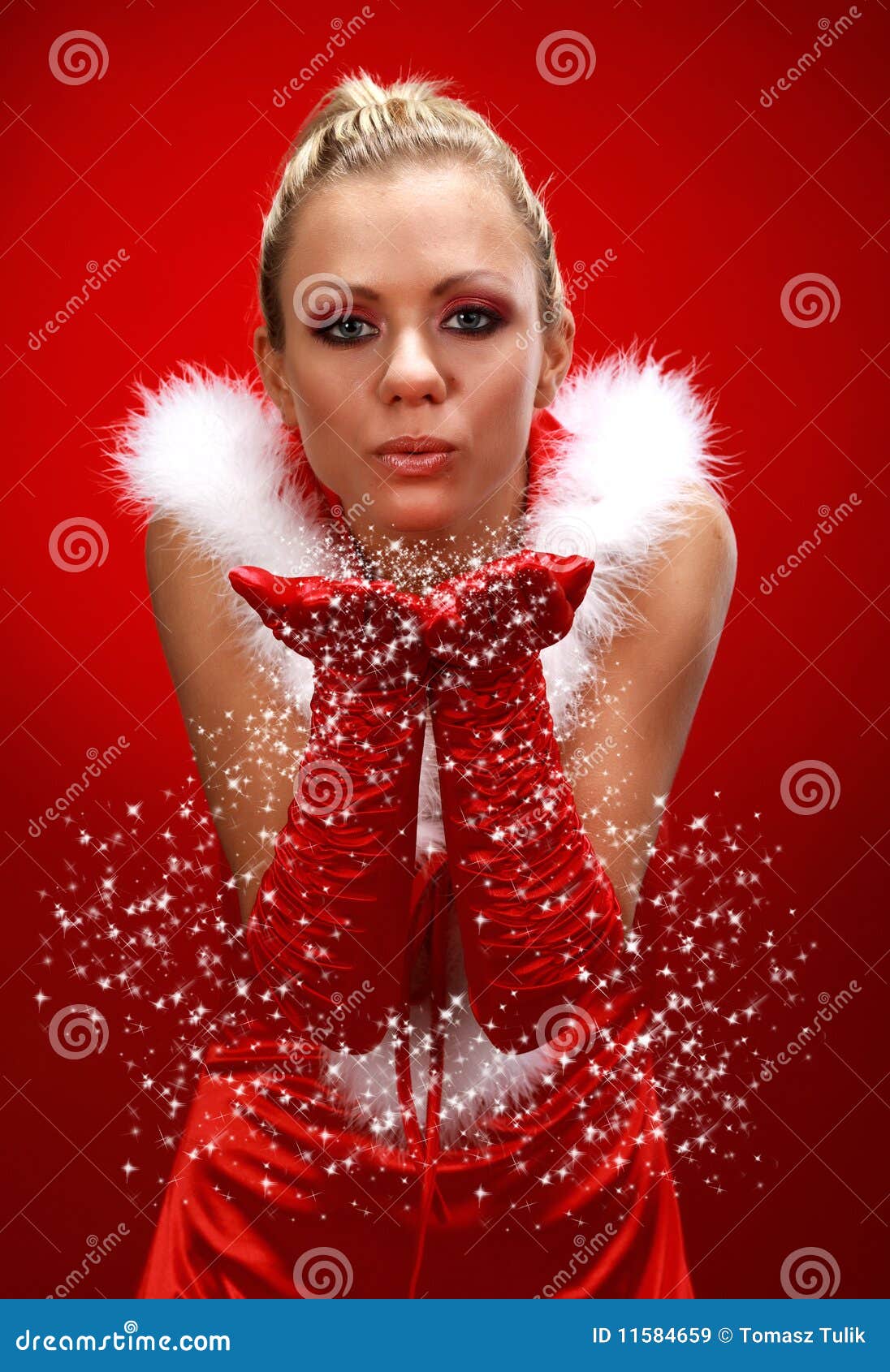 Girl in Santa Cloth Blowing Snow Stock Image - Image of alluring, girl ...