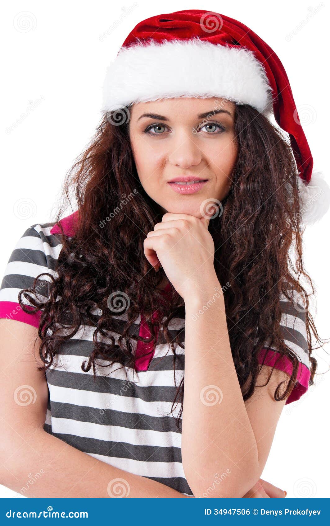 Girl in Santa hat stock photo. Image of brunette, friendly - 34947506