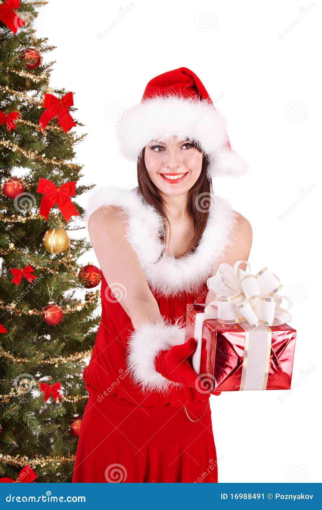 Girl in Santa Hat Giving Gift Box. Stock Image - Image of isolated ...
