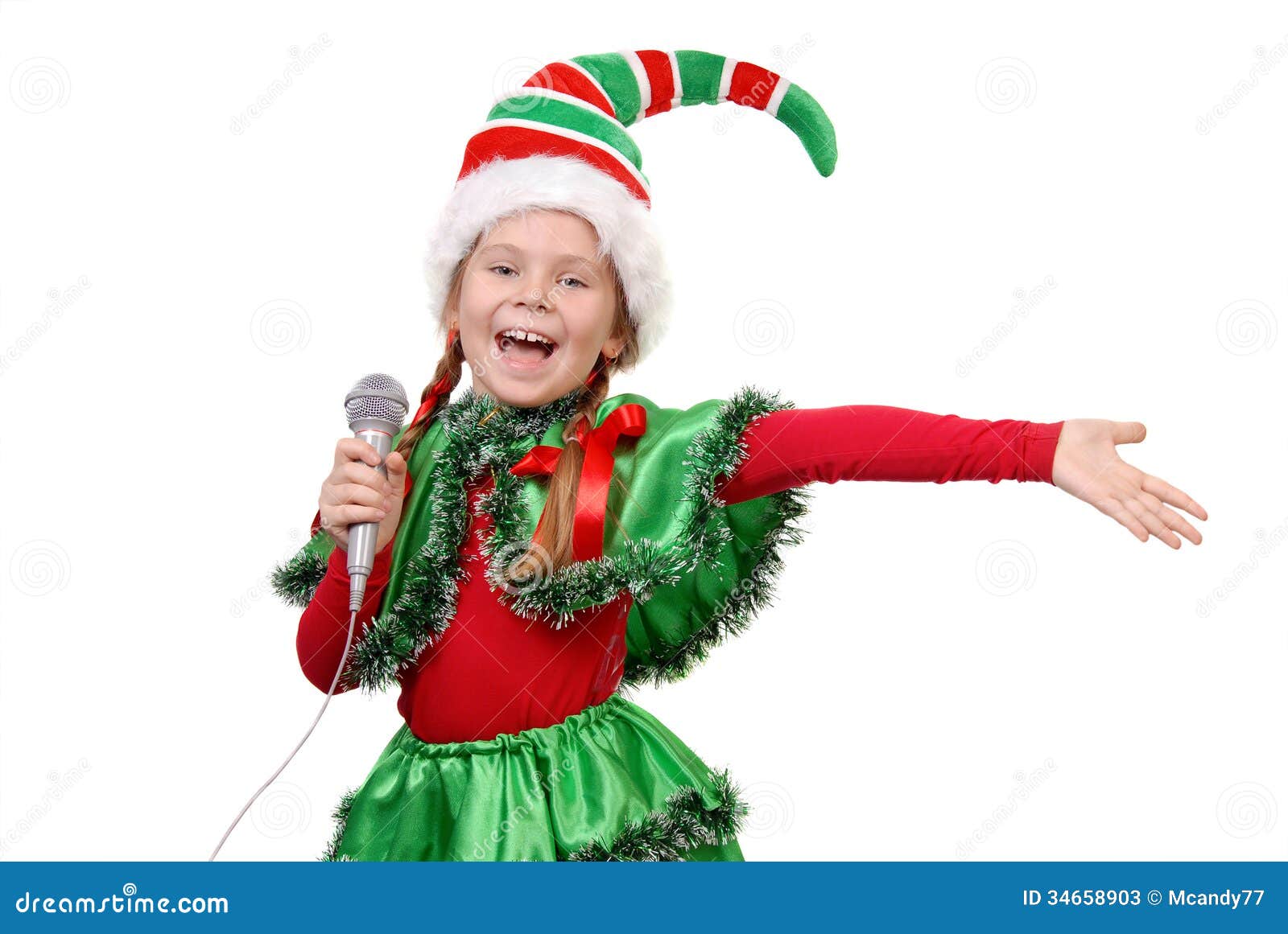 Girl - Santa S Elf with a Microphone. Stock Image - Image of cute ...