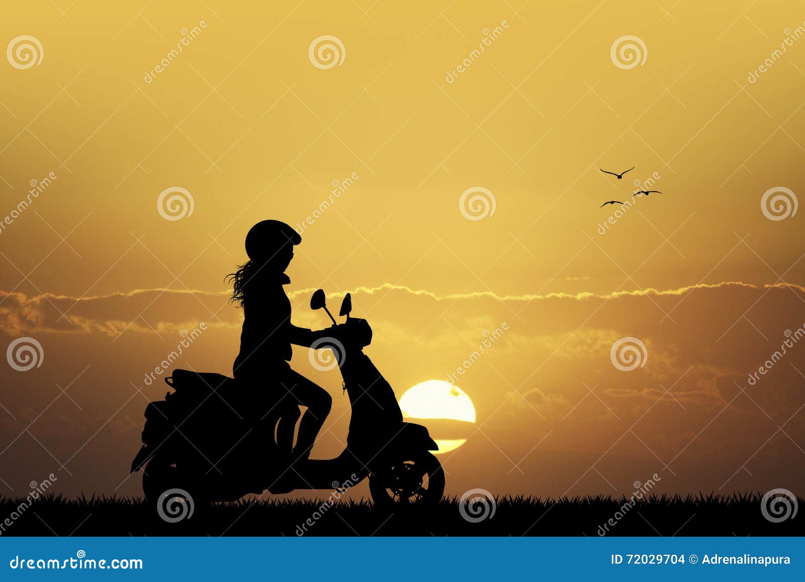 Girl on scooter at sunset stock illustration. Illustration of helmet ...