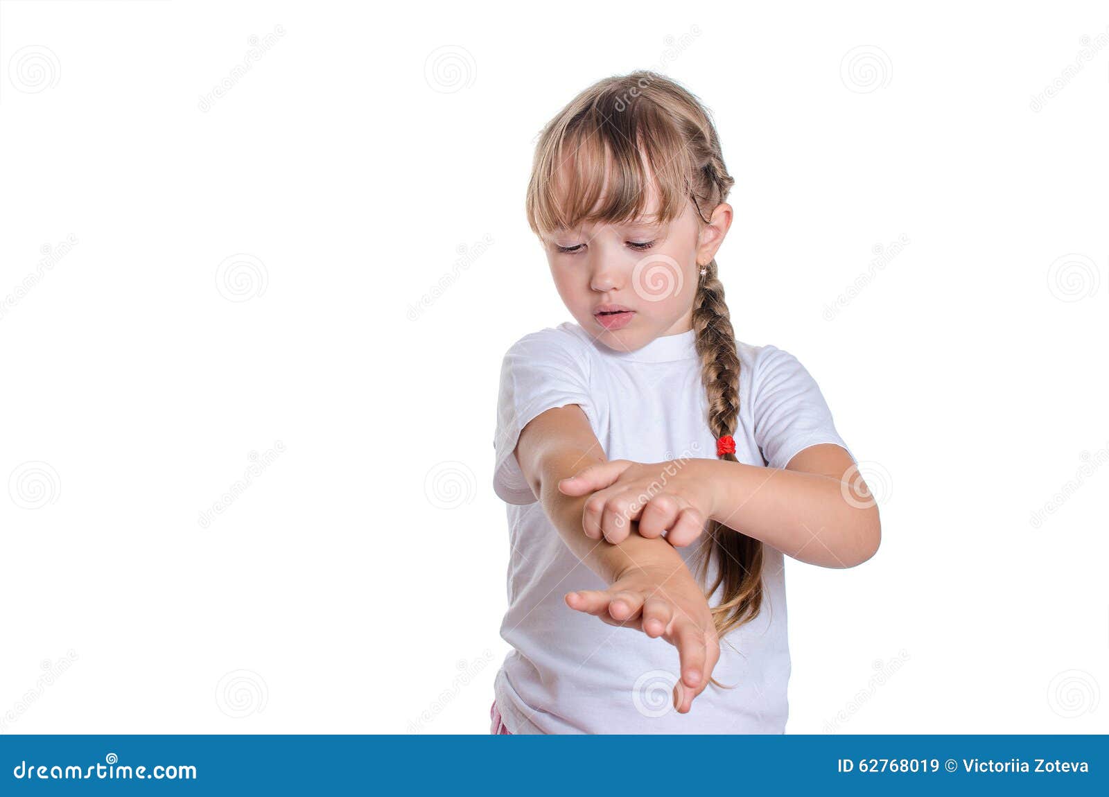 The girl scratches a hand stock image. Image of show - 62768019