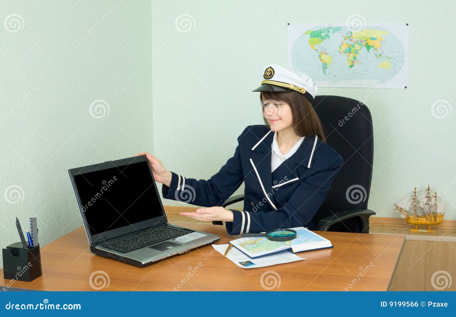 Girl - Sea Captain at Office with Laptop Stock Photo - Image of ...