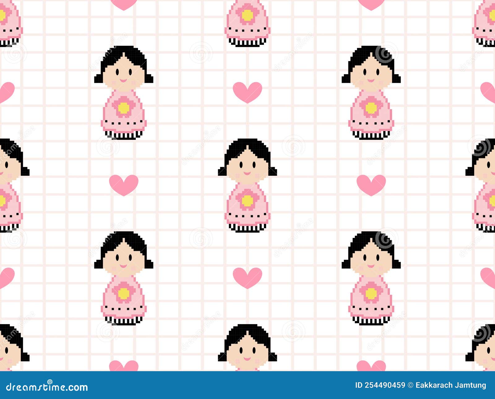Girl Seamless Pattern on Pink Background. Pixel Style Stock ...