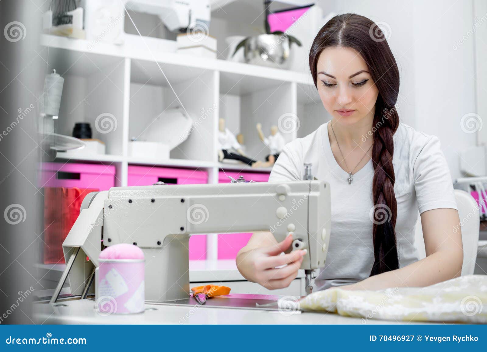 Girl Seamstress Sew On The Sewing Machine Stock Image Image Of