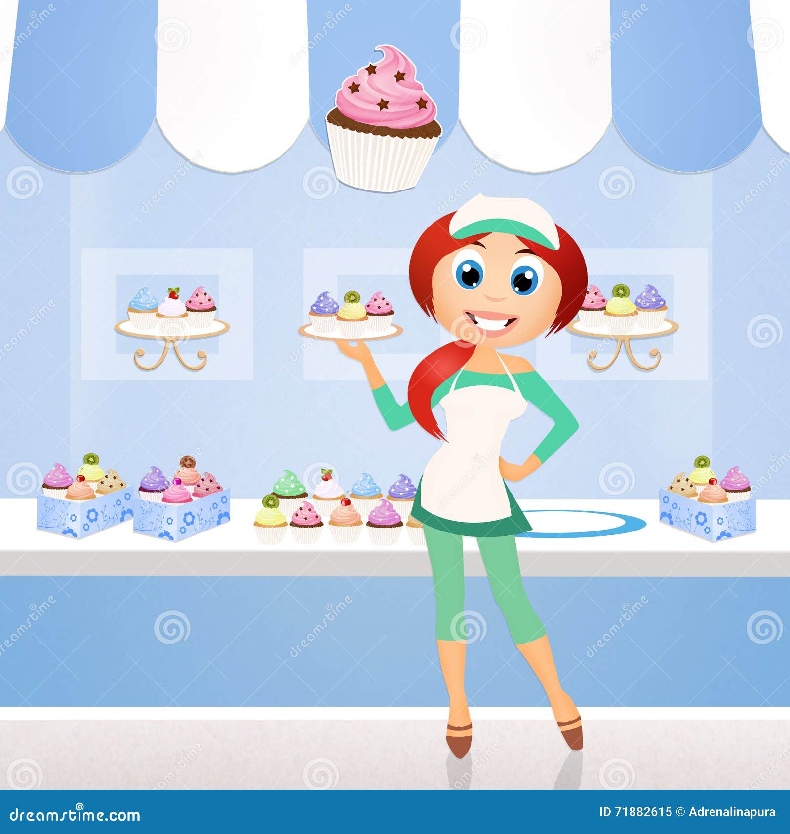 Girl selling cupcakes stock illustration. Illustration of smile - 71882615