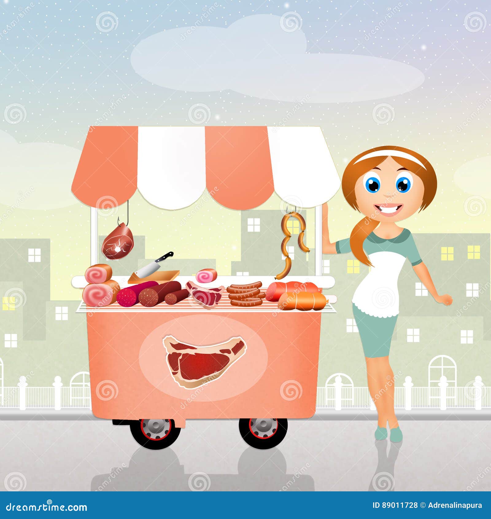 Girl selling meat stock illustration. Illustration of store - 89011728