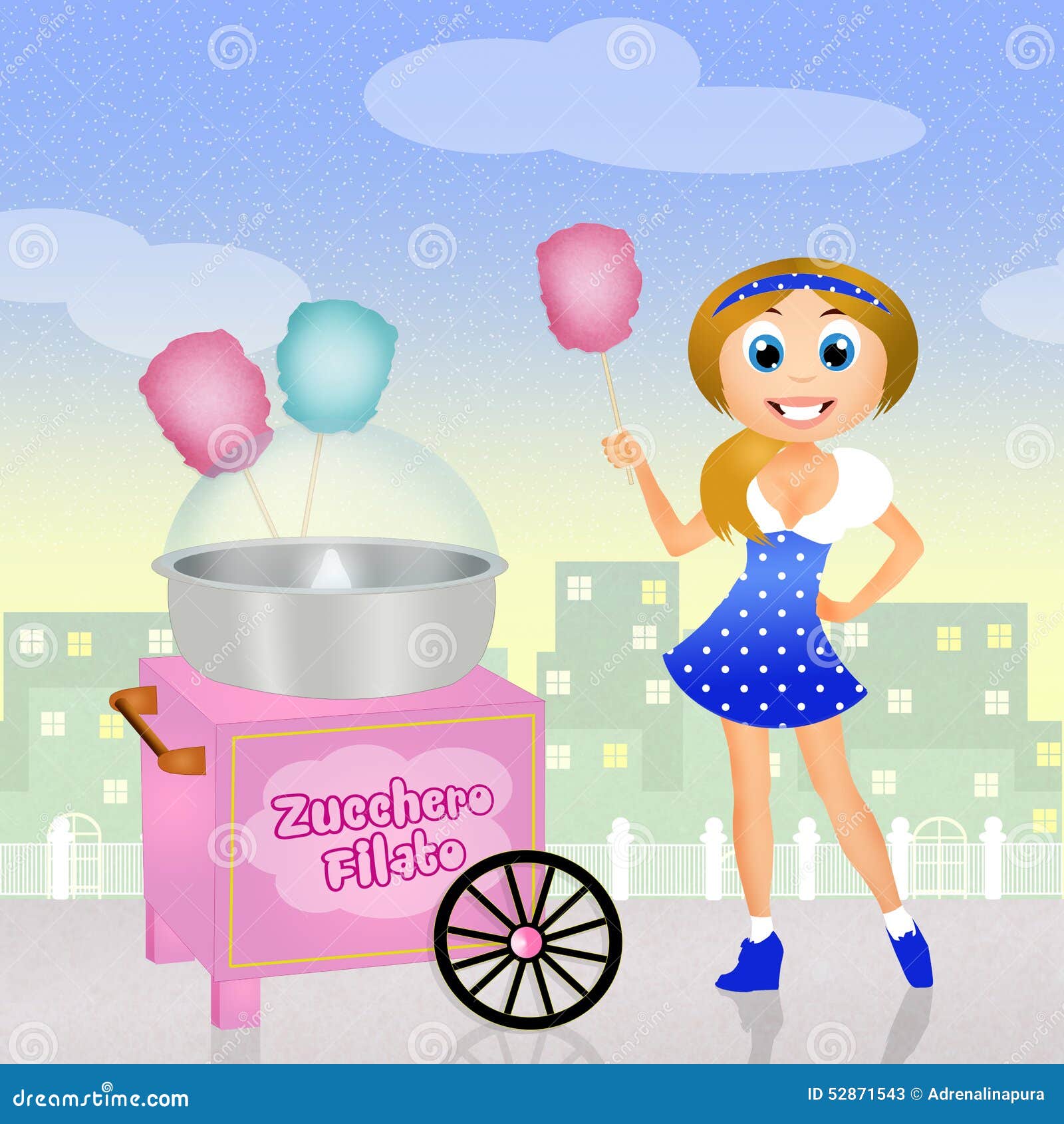 Girl sells cotton candy stock illustration. Illustration of cart - 52871543