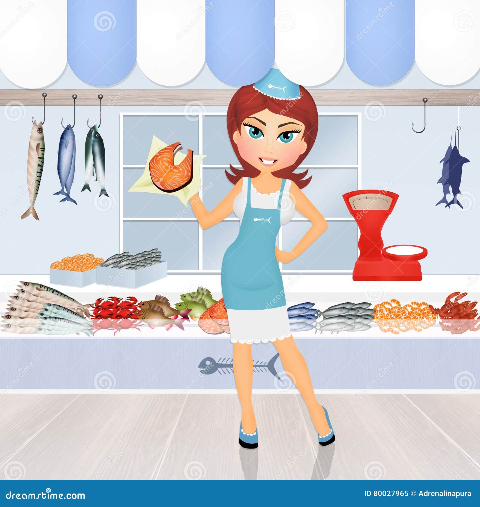 Girl sells fish stock illustration. Illustration of lobster - 80027965