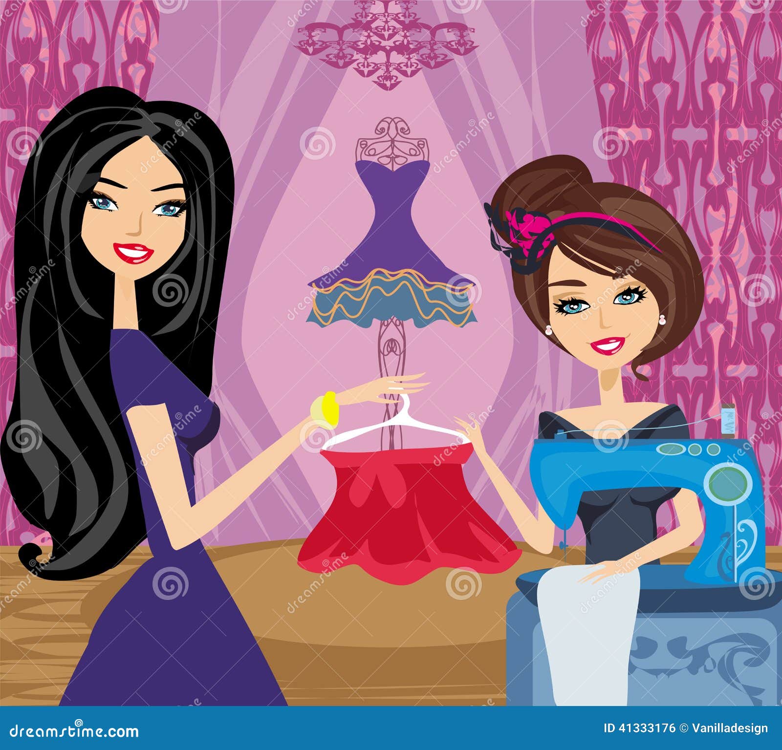 Girl with Sewing Machine and Elegant Client Stock Vector - Illustration ...