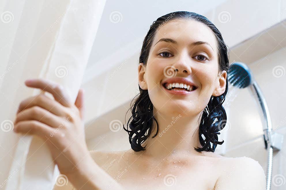 Girl at the shower stock image. Image of person, indoors - 16011085