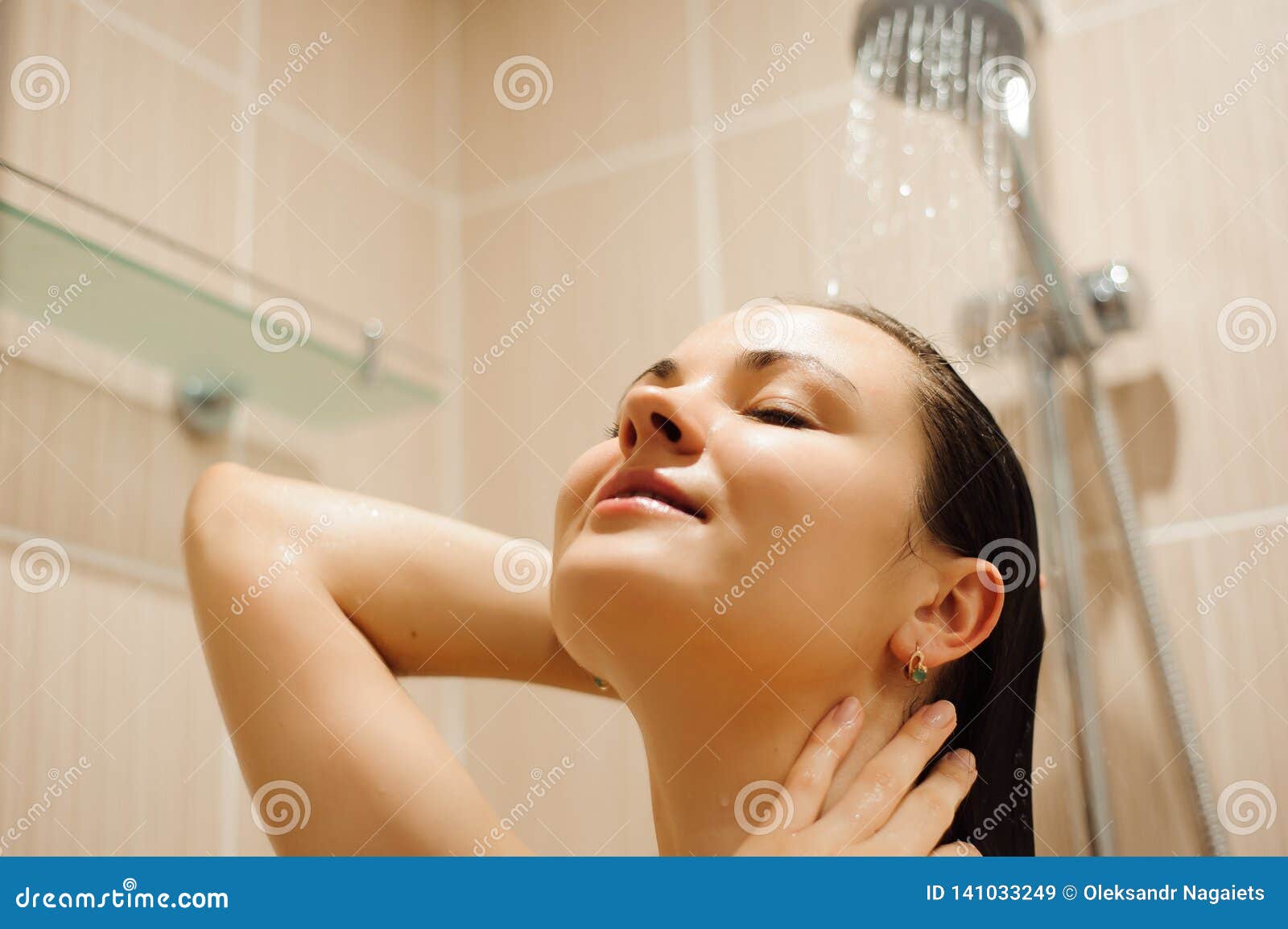 Girl Showering In Shower Cabin Cubicle Enclosure Young Woman Taking