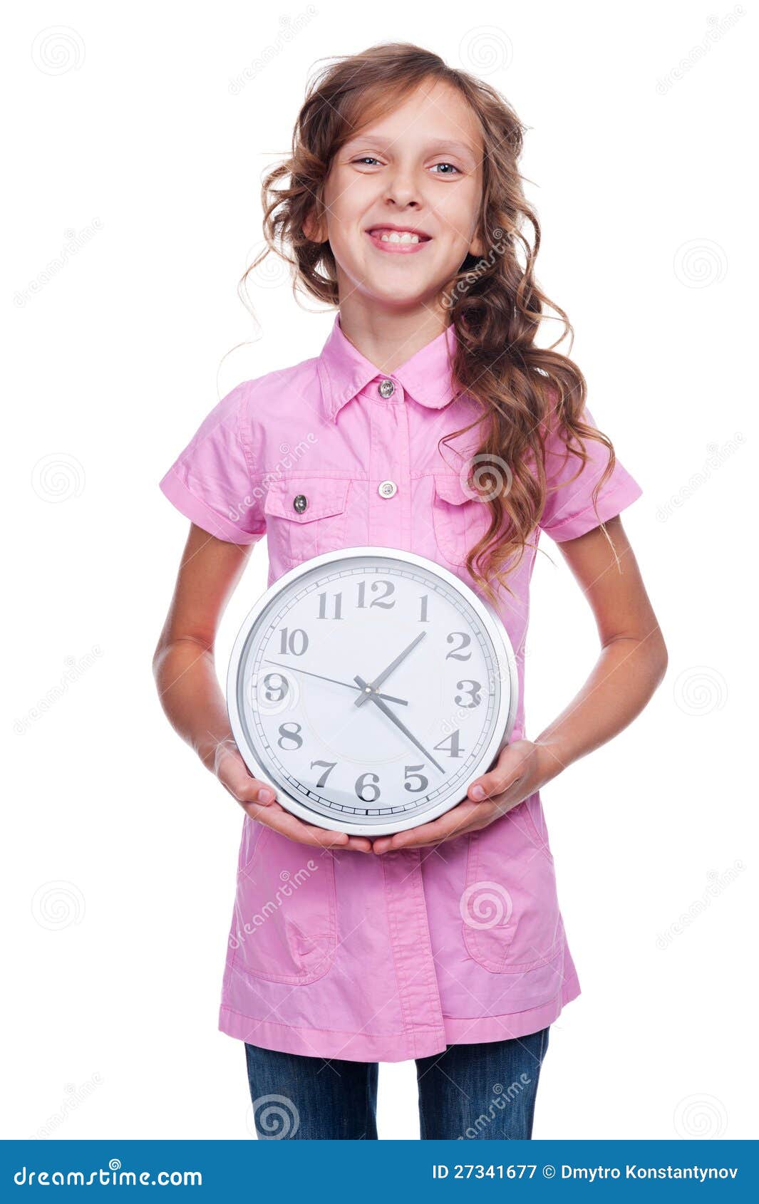 Girl Showing Clock and Smiling Stock Image - Image of caucasian, girl ...