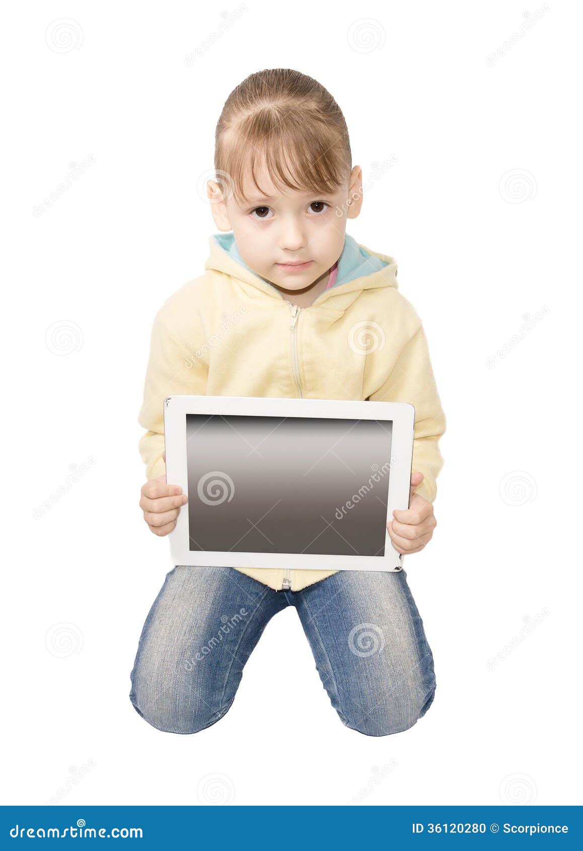Girl shows a broken tablet stock photo. Image of isolated - 36120280