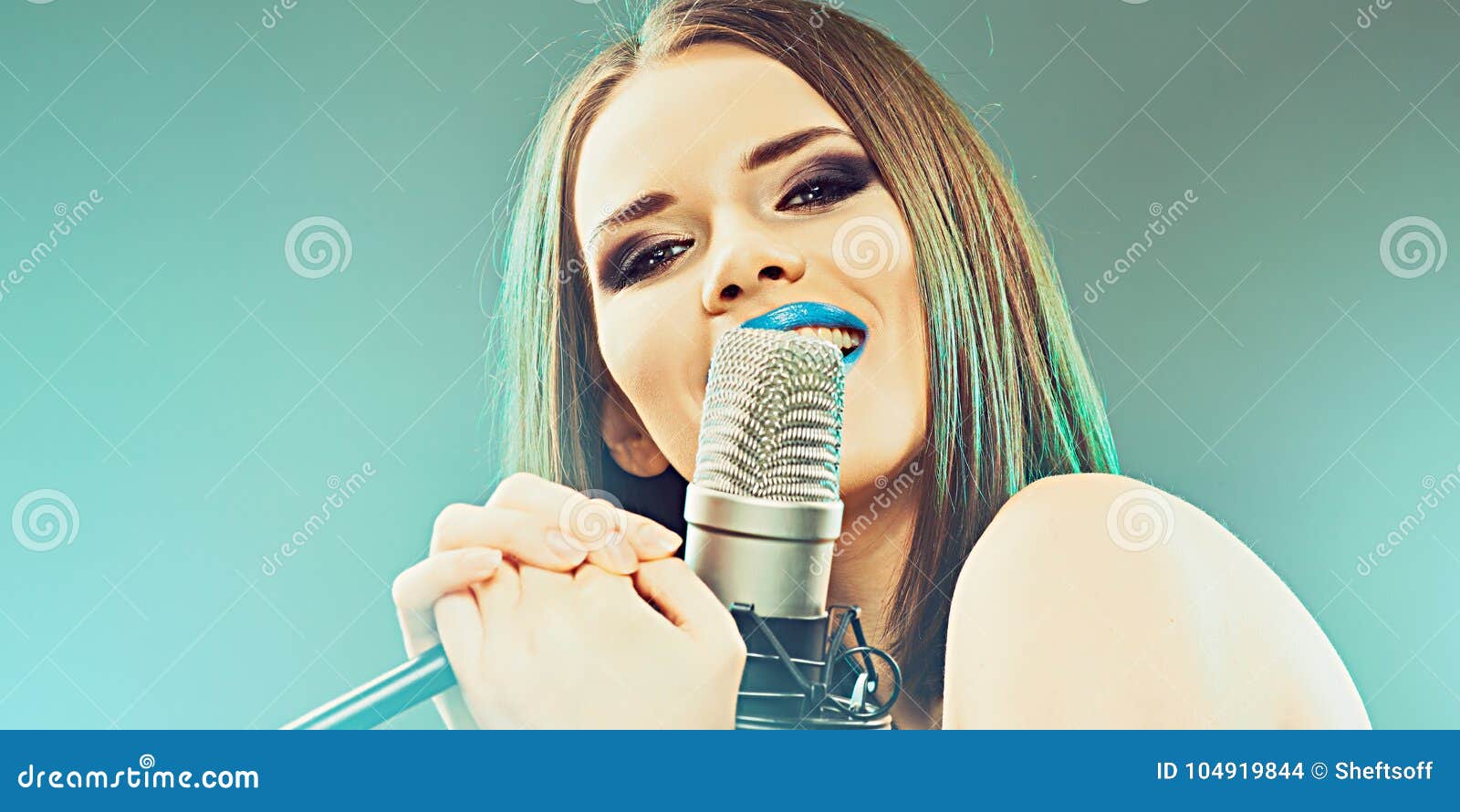Girl Singing into a Microphone. Stock Photo - Image of hair, female ...