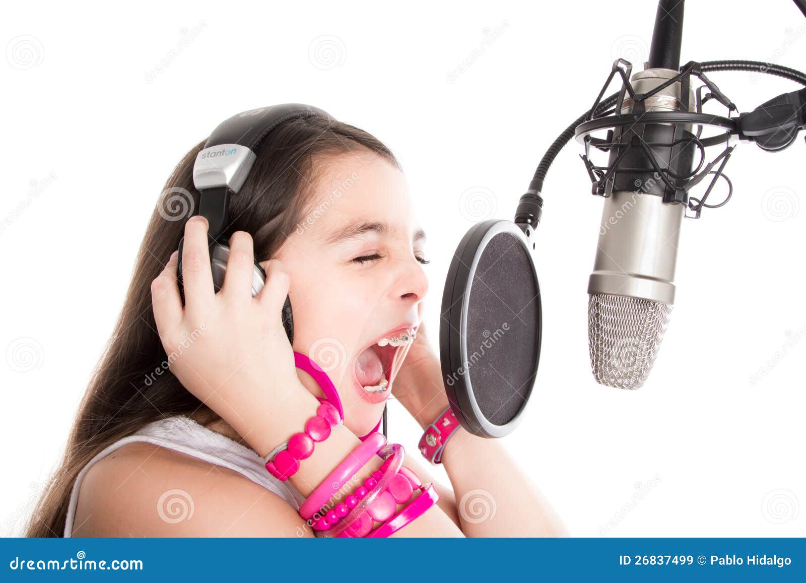 Girl Singing with Microphone on White Background Stock Image - Image of ...