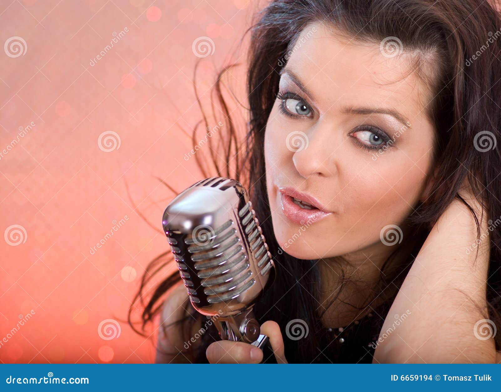 Girl singing in retro mic stock photo. Image of female - 6659194