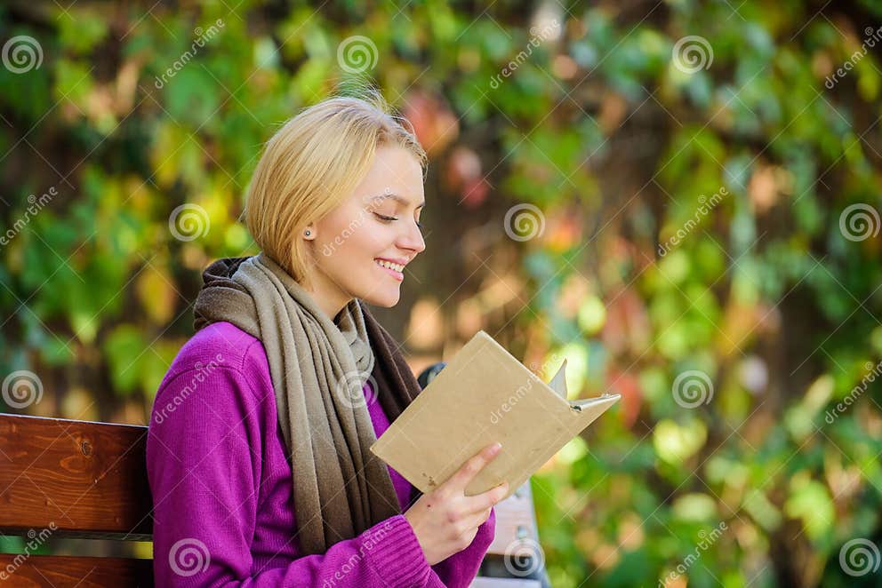 Girl Sit Bench Relaxing With Book Fall Nature Background Woman Reading