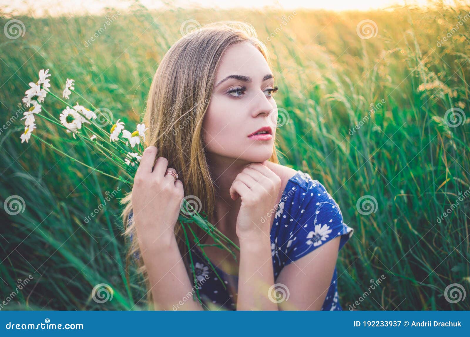Girl Sit In Tall Grass A Bouquet Daisies In Hand Stock Image Image