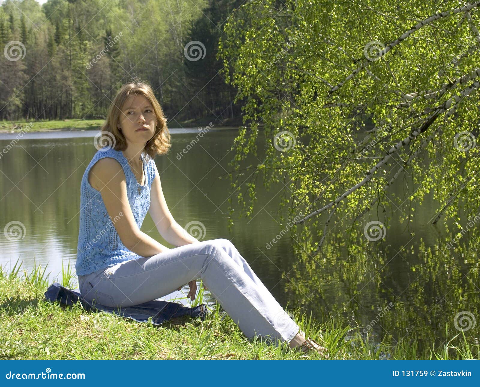 Girl siting near pond stock image. Image of rest, peace - 131759