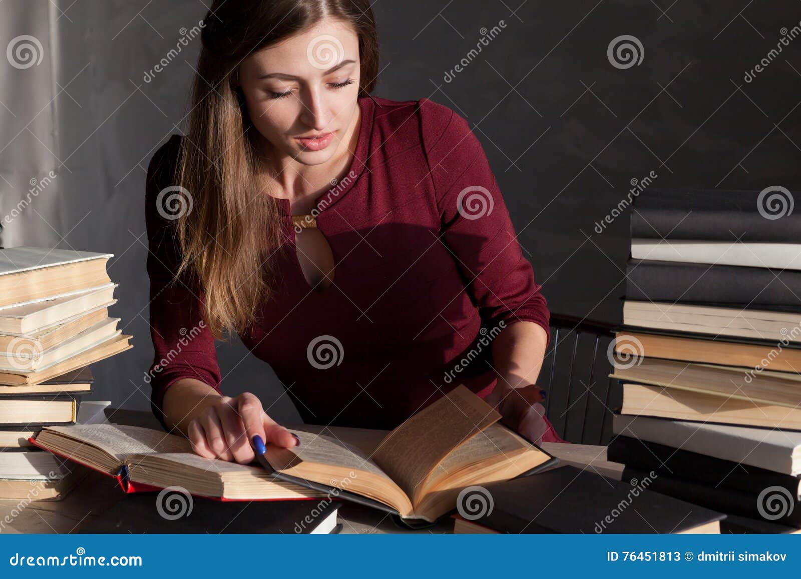 Girl Sits Books and Reading a Book Stock Image - Image of happy ...