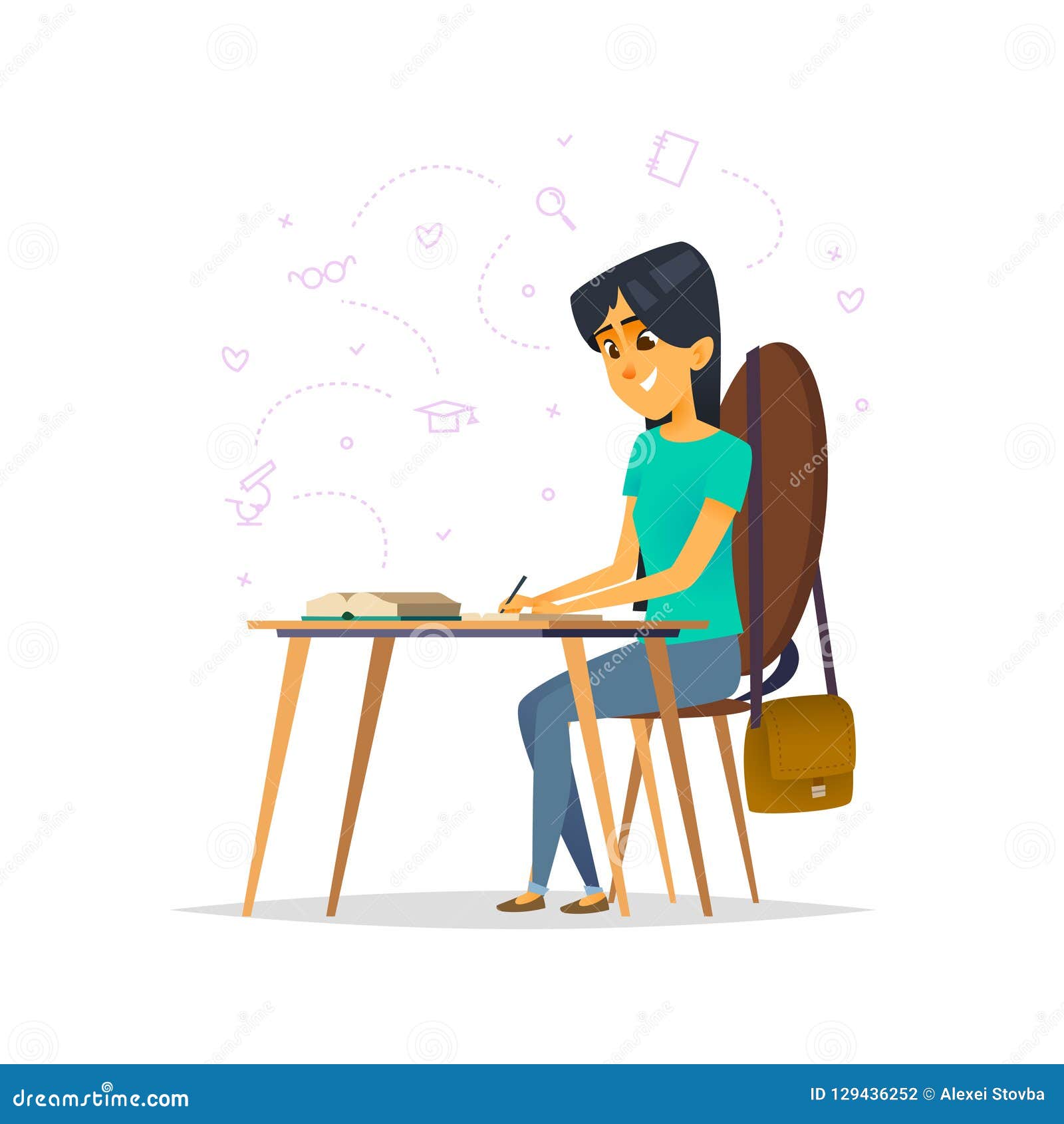 A Girl Sits at a Desk and Learns. Educational Concept. Cartoon ... A Girl Sits at a Desk and Learns. Educational Concept. Cartoon ...