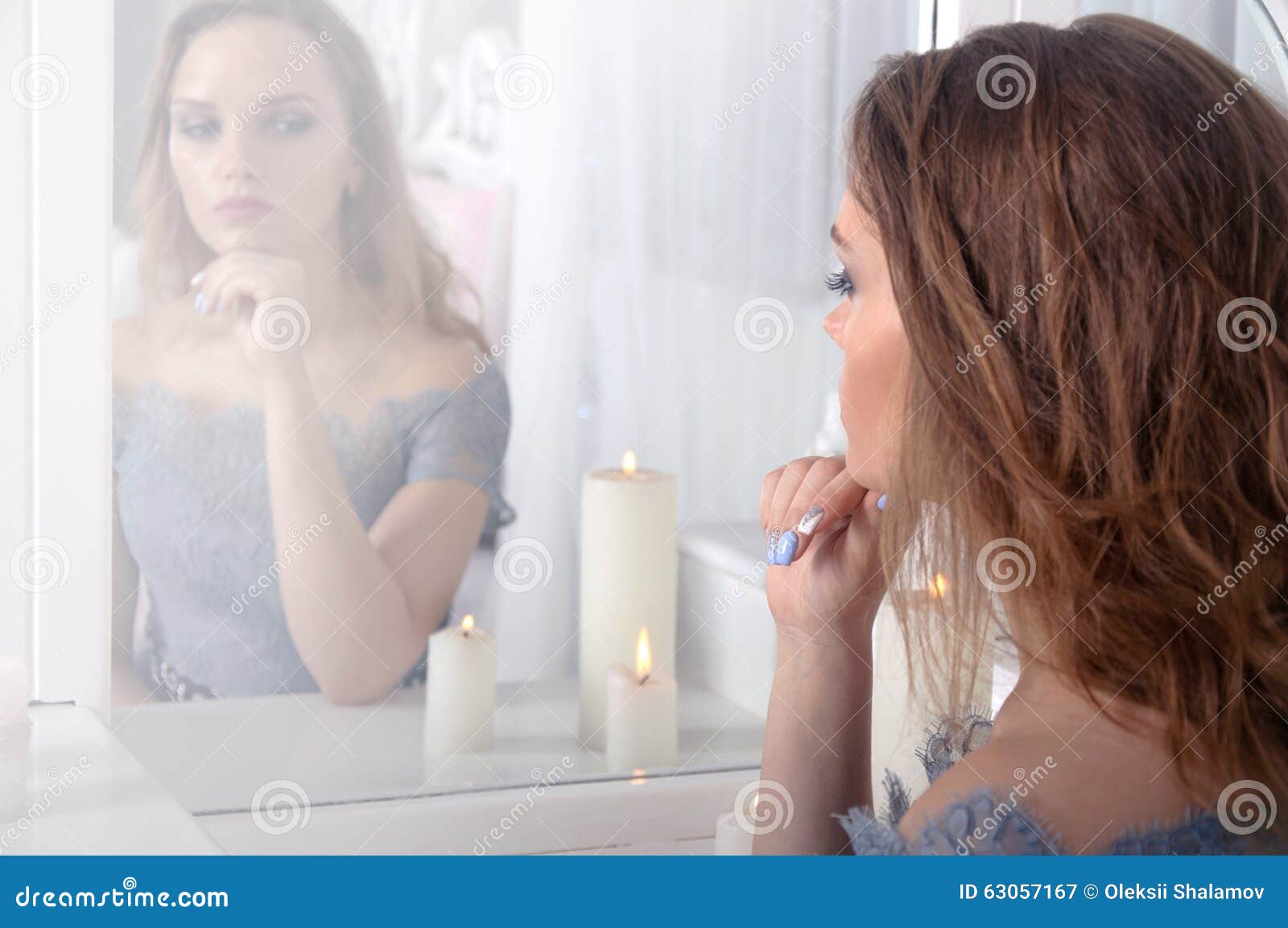 Girl Sits in Front of a Mirror Stock Image - Image of elegance, makeup ...