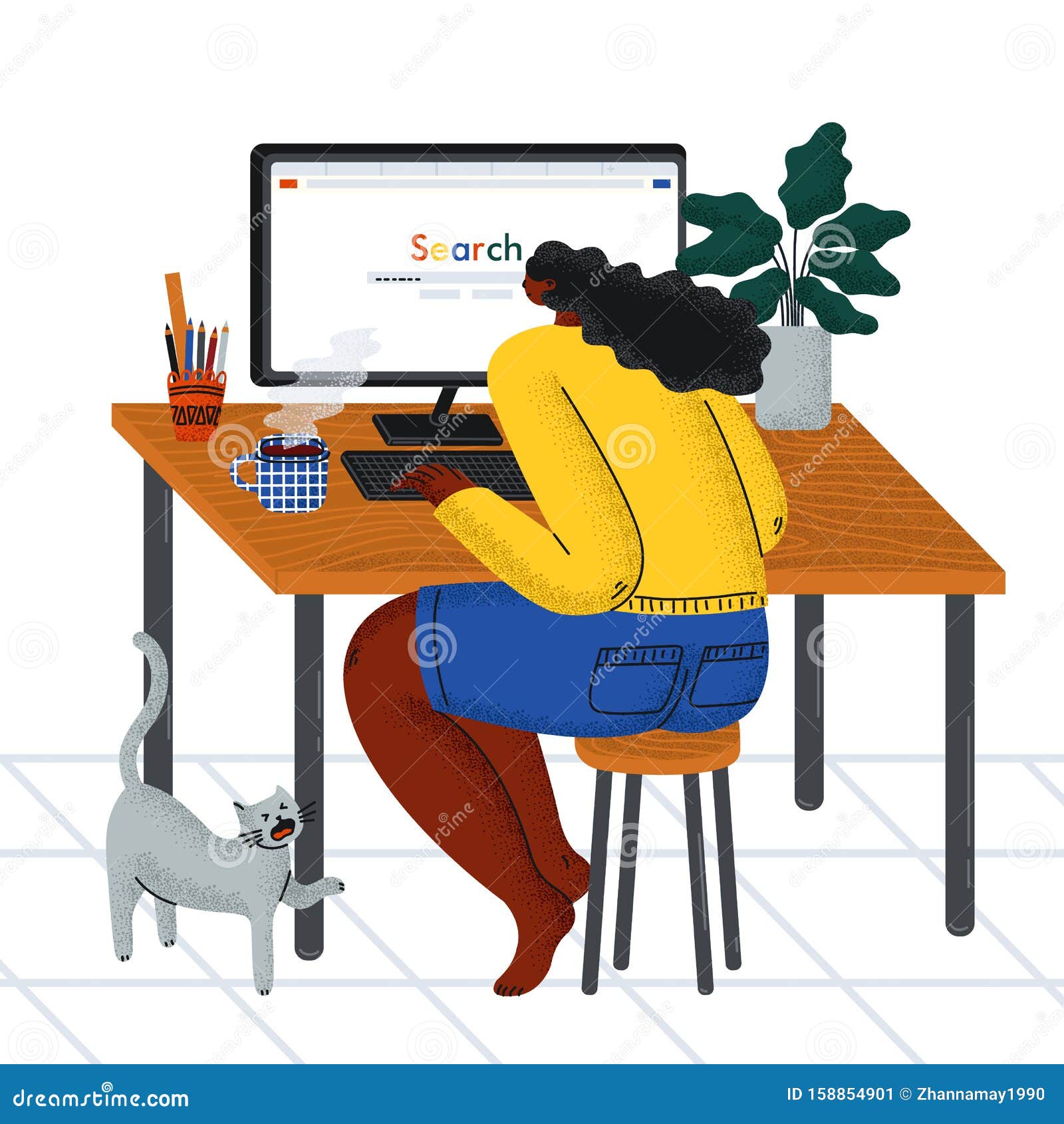 A Girl Sits at a Table in Front of a Computer. Stock Vector ...
